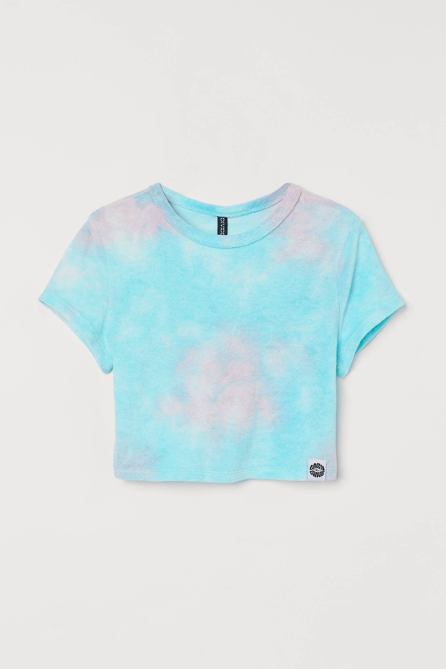 Terry Crop Top - Round Neck - Short sleeve - Turquoise/tie-dye - Ladies ...