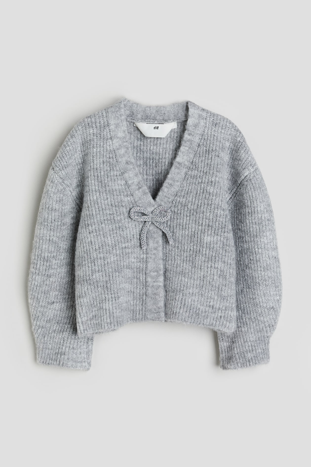 Stickad kofta med rosett - Ljusgråmelerad - BARN | H&M SE