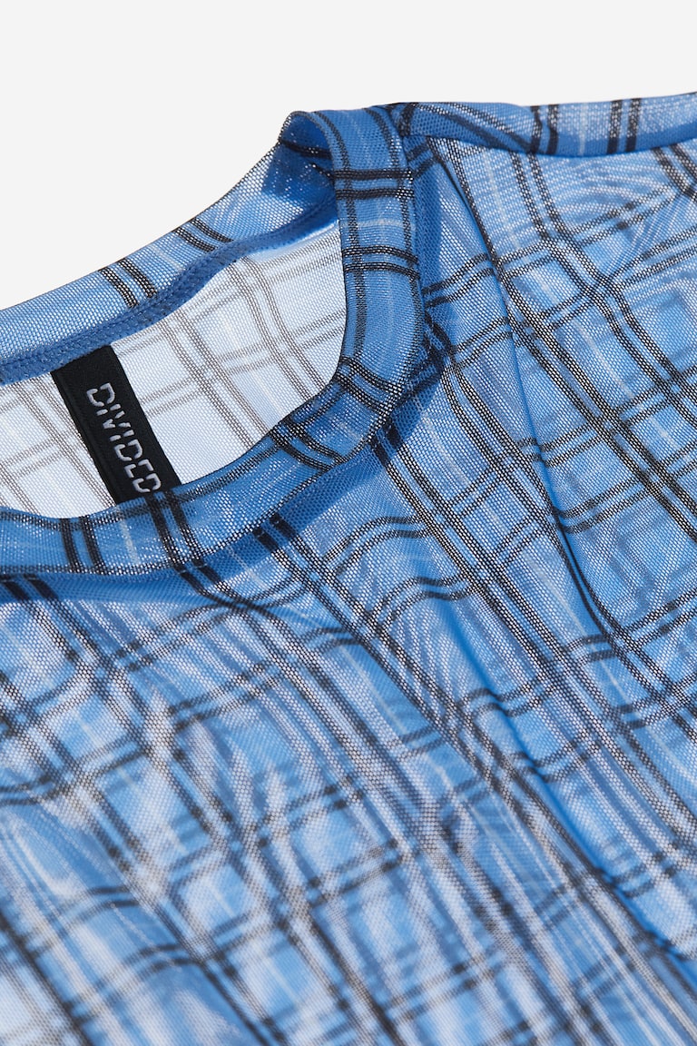 Mesh Top - Round Neck - Short sleeve - Blue/plaid - Ladies | H&M US