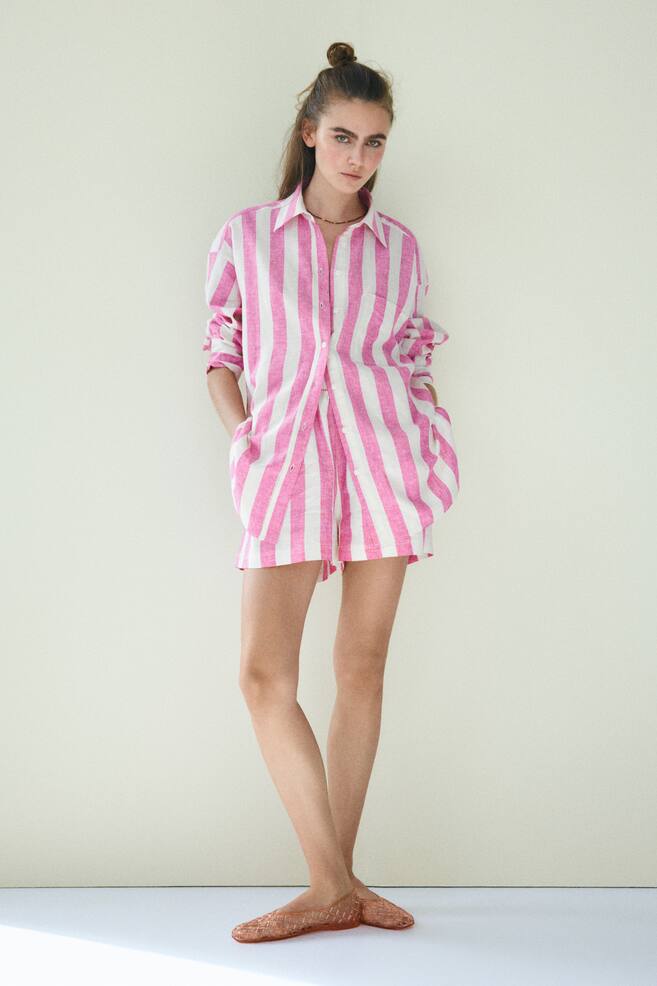Women's Pink/striped Oversized Linen-Blend Shirt | H&M CA