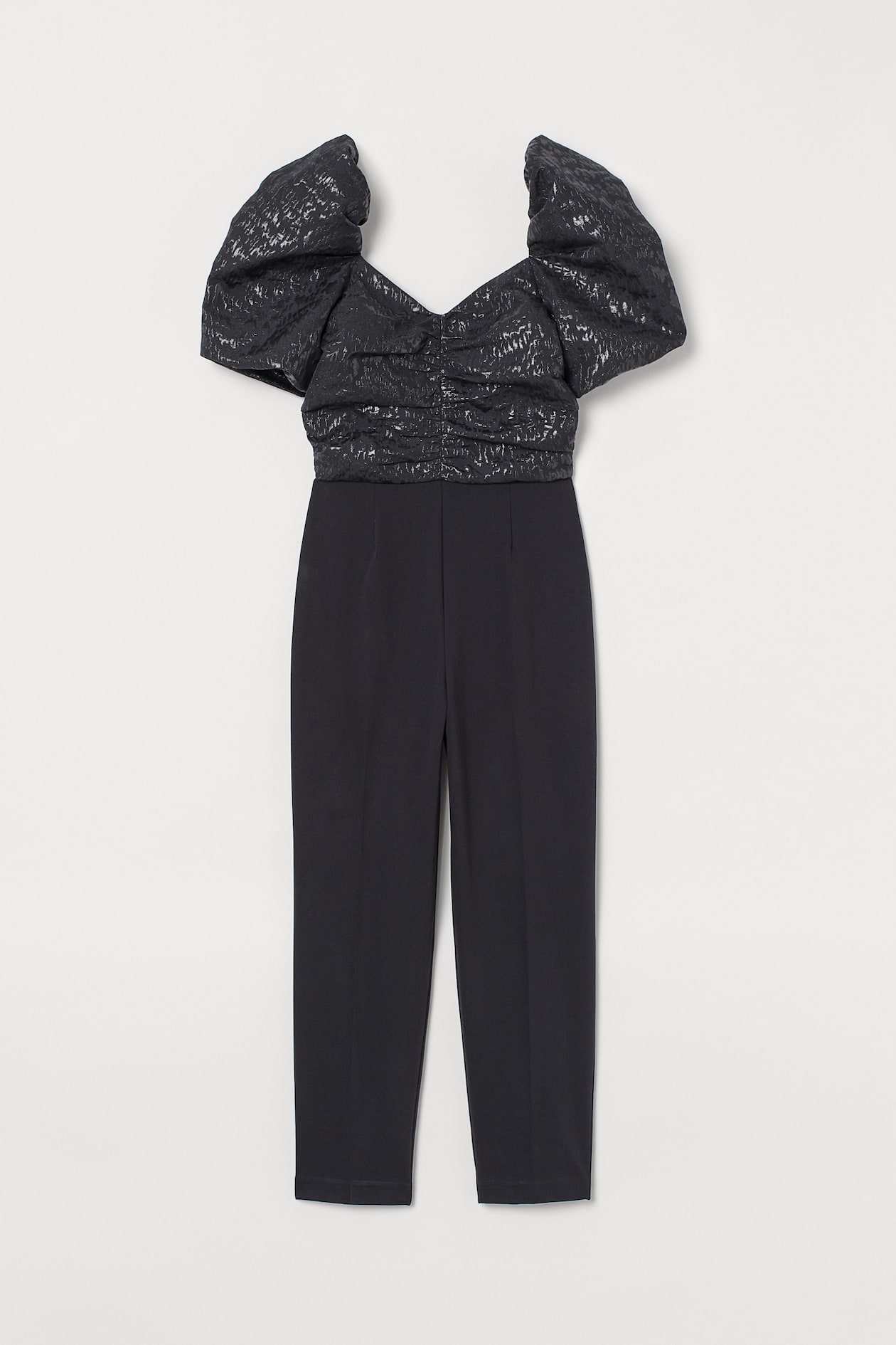 Jacquard-weave jumpsuit - Sweetheart neckline - Short sleeve - Black ...
