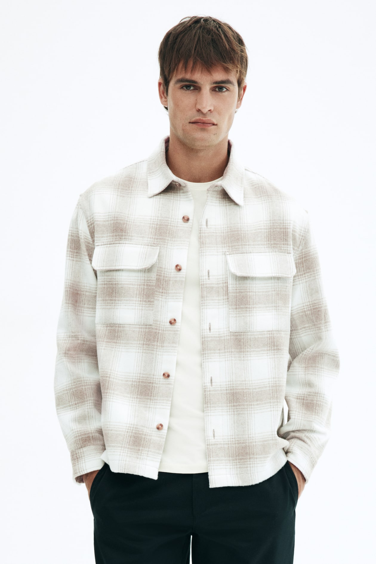 Men’s Beige/white plaid Regular-Fit Flannel Overshirt | H&M CA