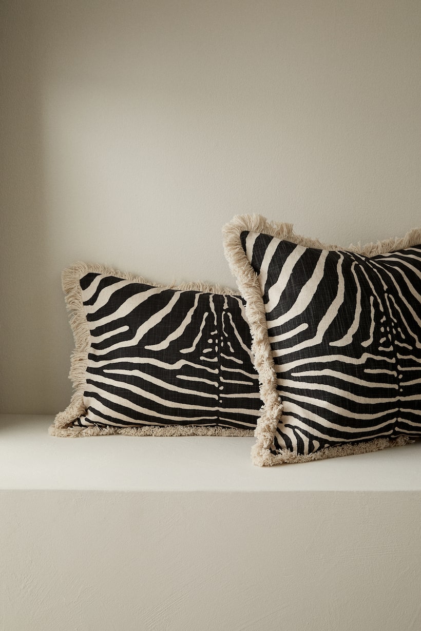 Light beige/zebra print Linen-Blend Cushion Cover with Fringe at H&M ...