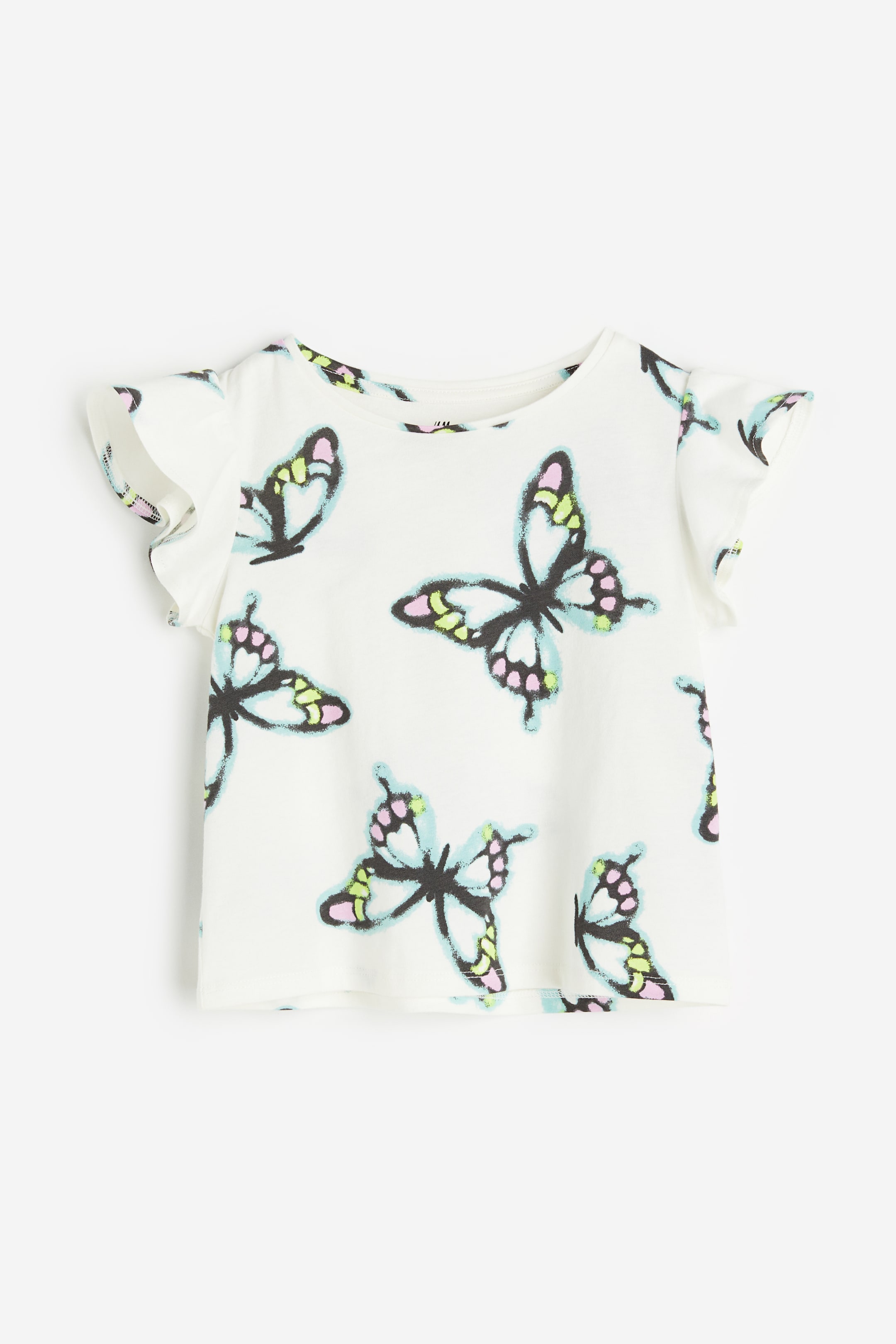 Flutter-sleeved jersey top - White/butterflies - Kids | H&M PH