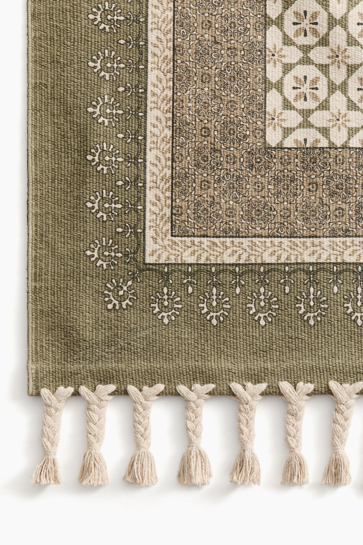 Olive green/patterned Cotton Runner Rug with Fringe at H&M Home | H&M US