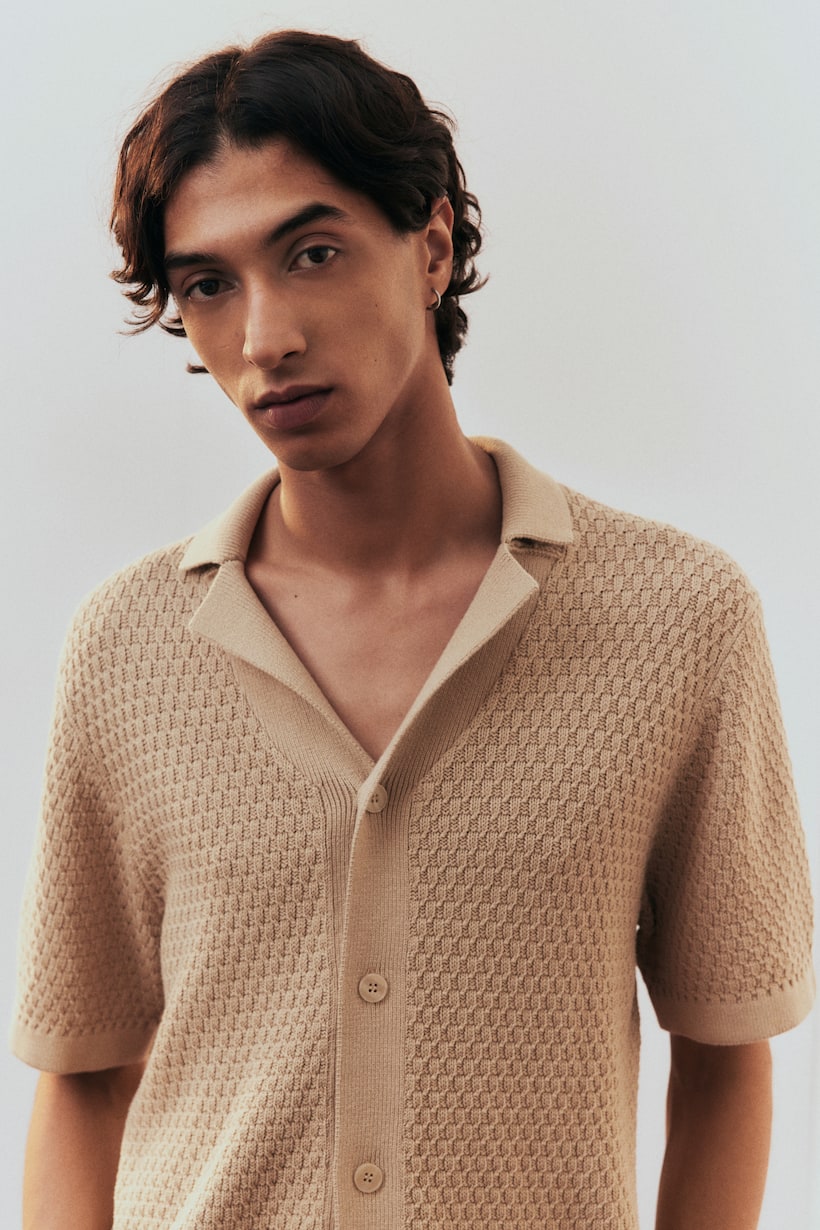 Regular-Fit Textured-Knit Resort Shirt - Beige - Men | H&M US