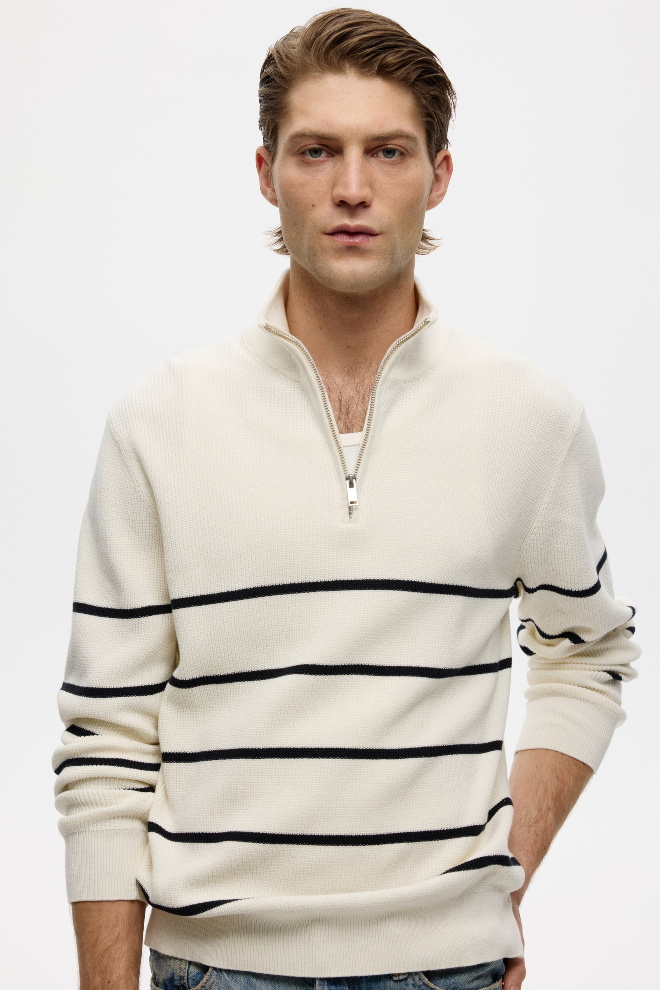 Regular Fit Half-Zip Sweater - Cream/striped - Men | H&M US