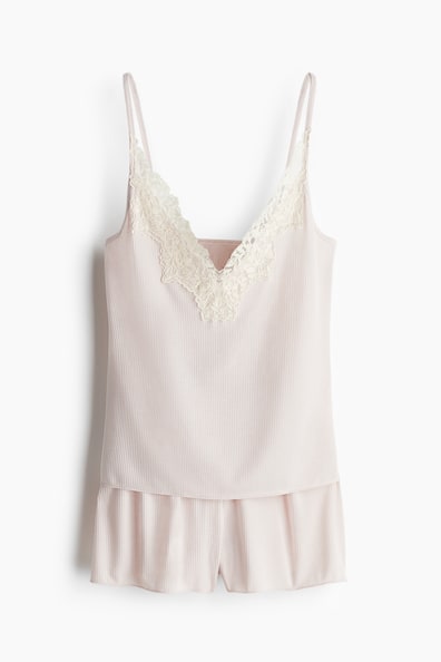 Lace-Trimmed Ribbed Pajamas - Powder pink - Ladies | H&M US