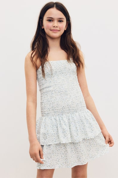 White Floral Smocked Strappy Dress For Kids H M Us