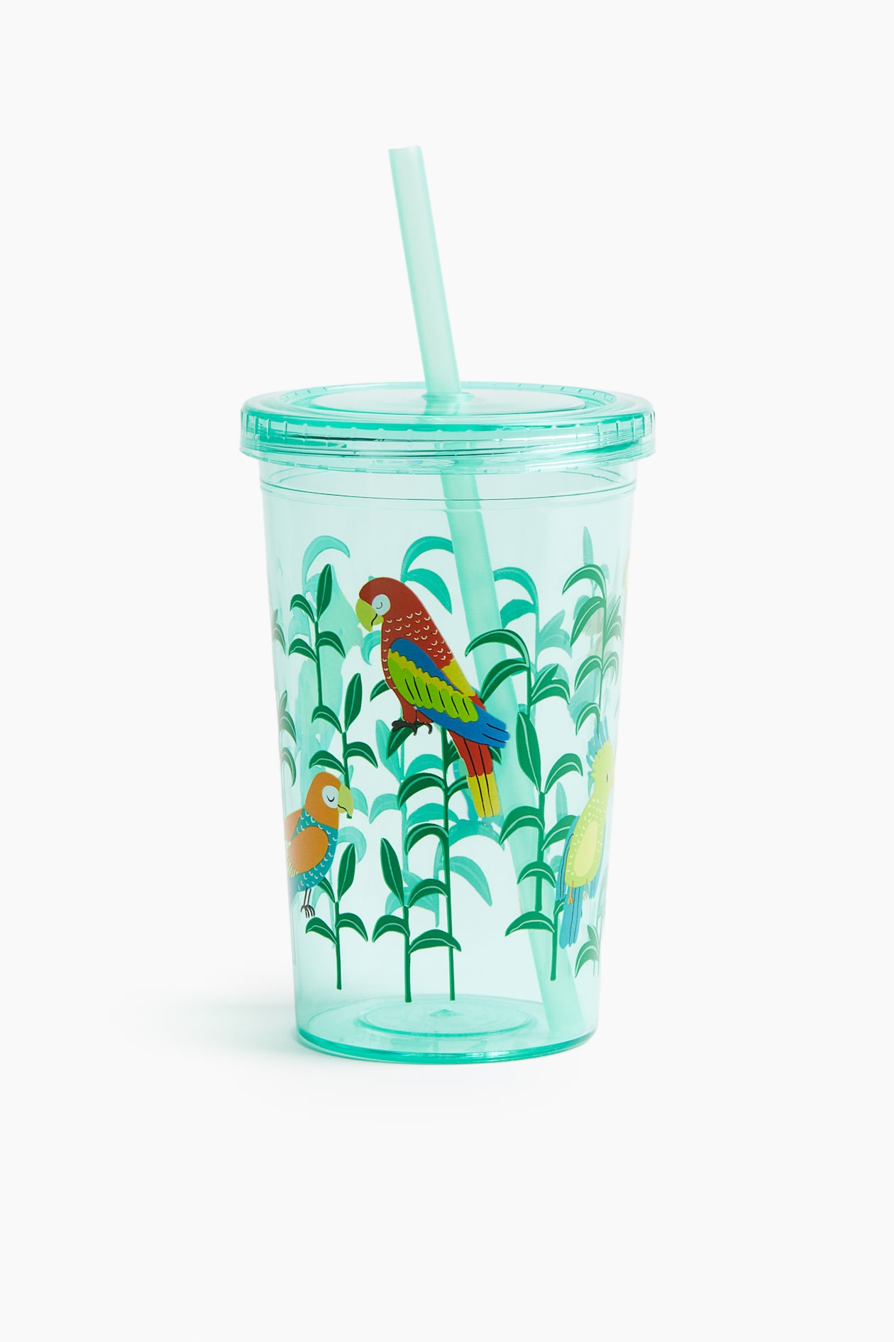 Turquoise/parrots Patterned Plastic Mug with Straw at H&M Home | H&M US
