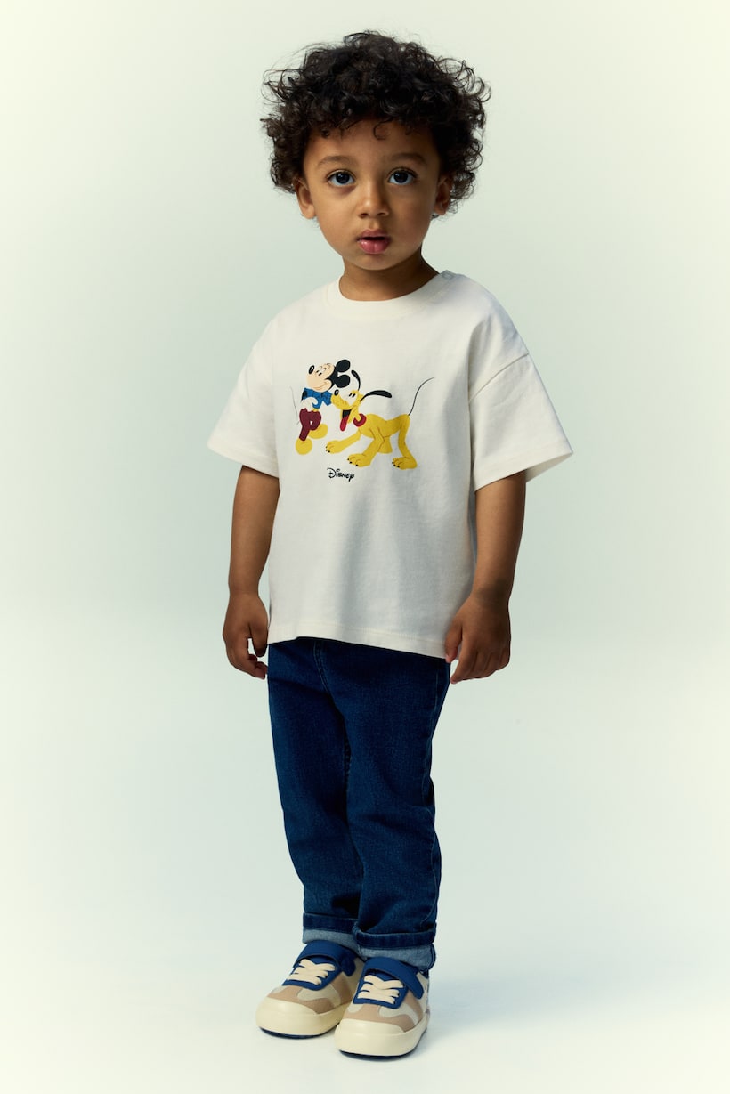 Cotton T-Shirt with Printed Motif - Cream/Mickey Mouse - Kids | H&M US