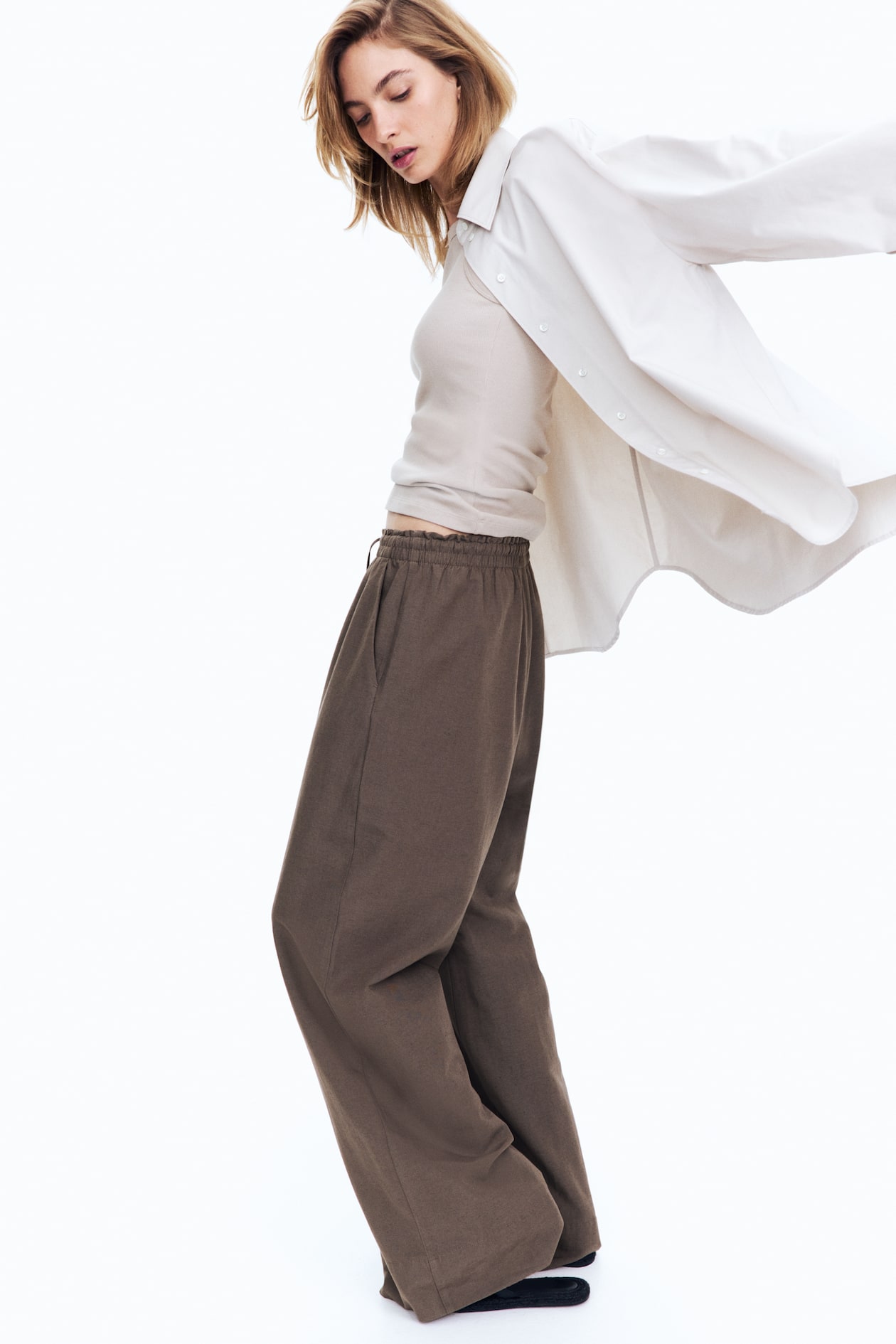 Wide linen-blend trousers - Dark brown - Ladies | H&M SG