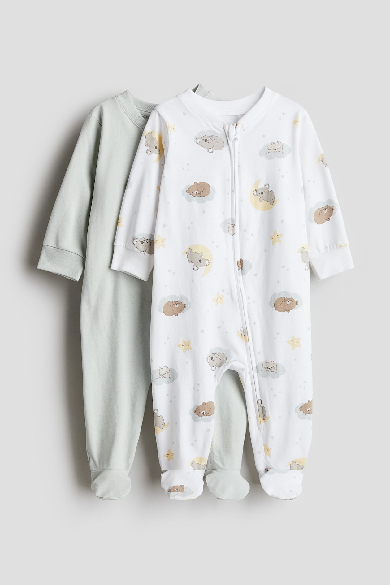 Light dusty green/Patterned 2-pack zip-up sleepsuits for kids | H&M MY