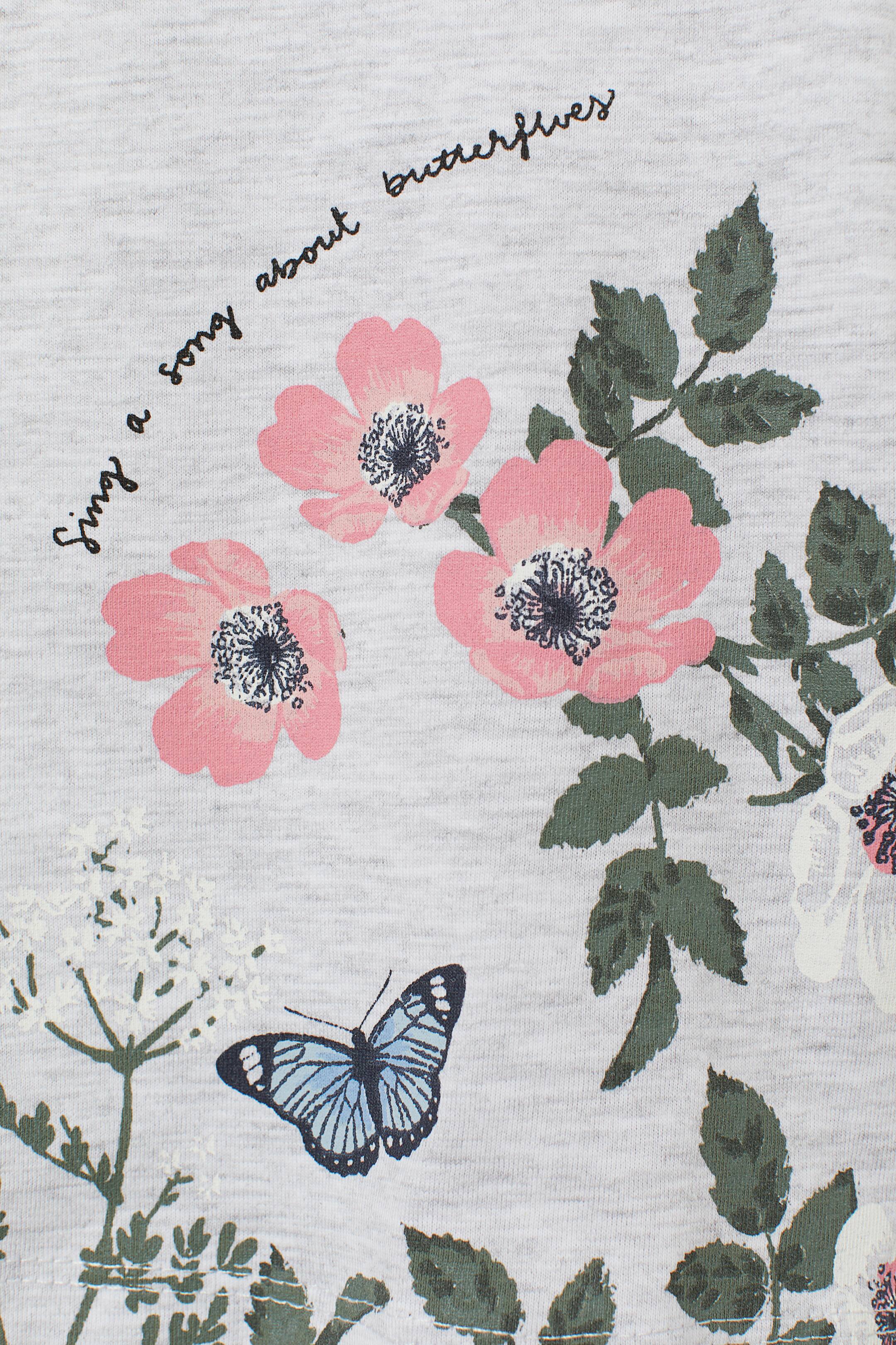 Trikåtopp med tryck - Rundhalsad - Kort ärm - Ljus gråmelerad/Blommor ...