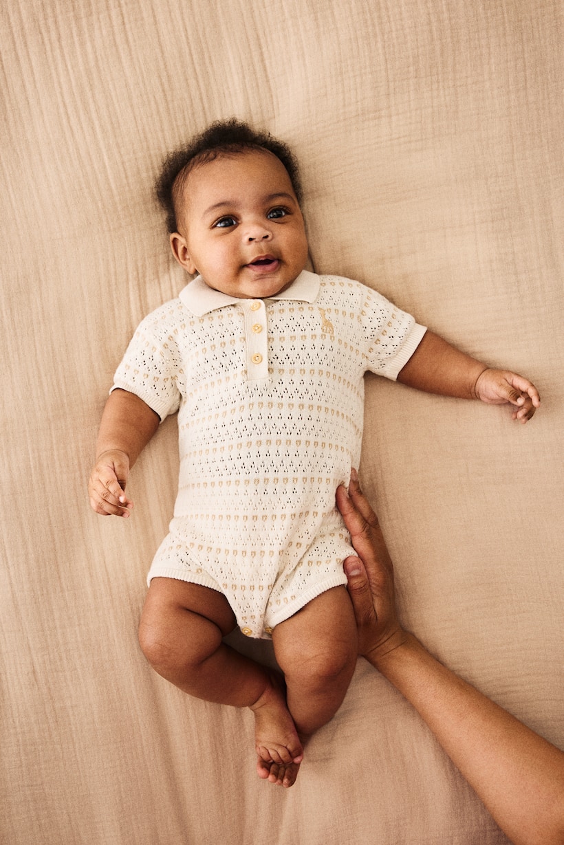 Pointelle-knit romper suit - Light beige/Patterned - Kids | H&M IE