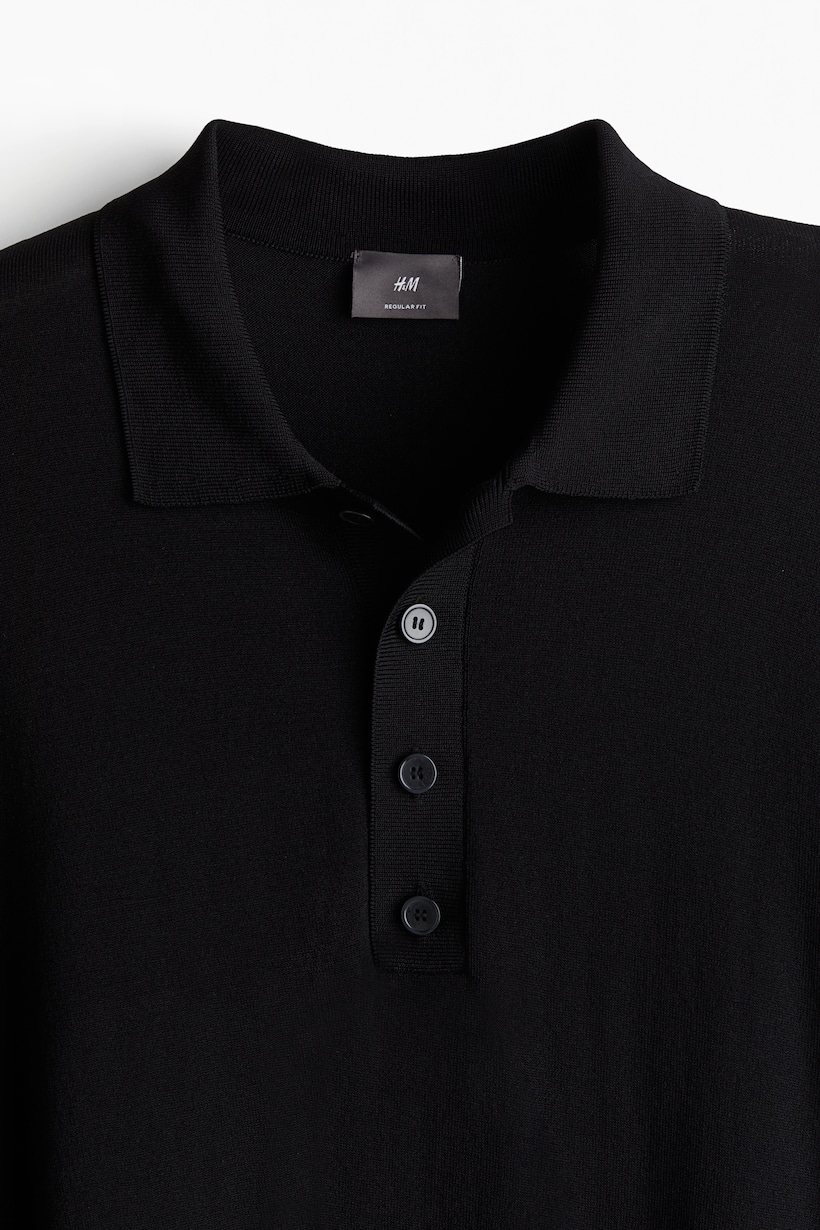 Regular Fit Fine-knit polo shirt - Black - Men | H&M GB