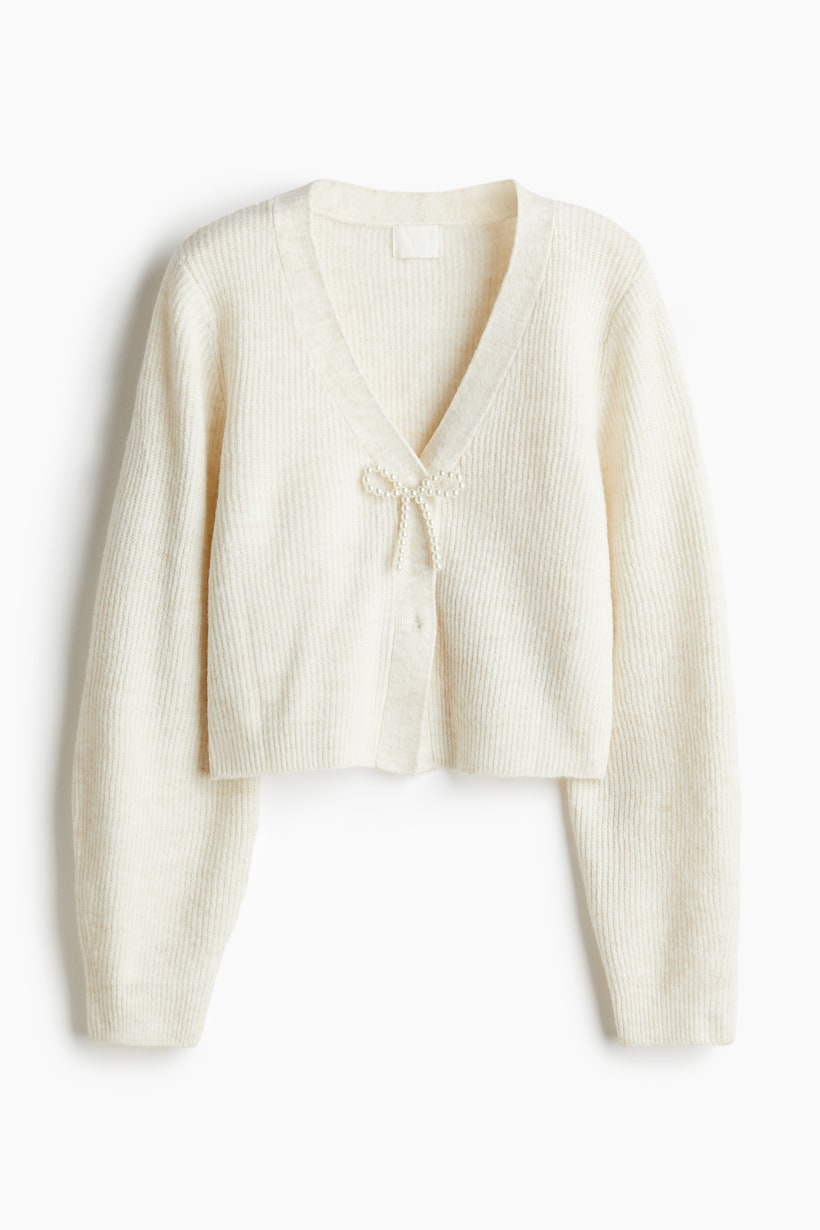 Women's Cream Bow-Detail Rib-Knit Cardigan | H&M US