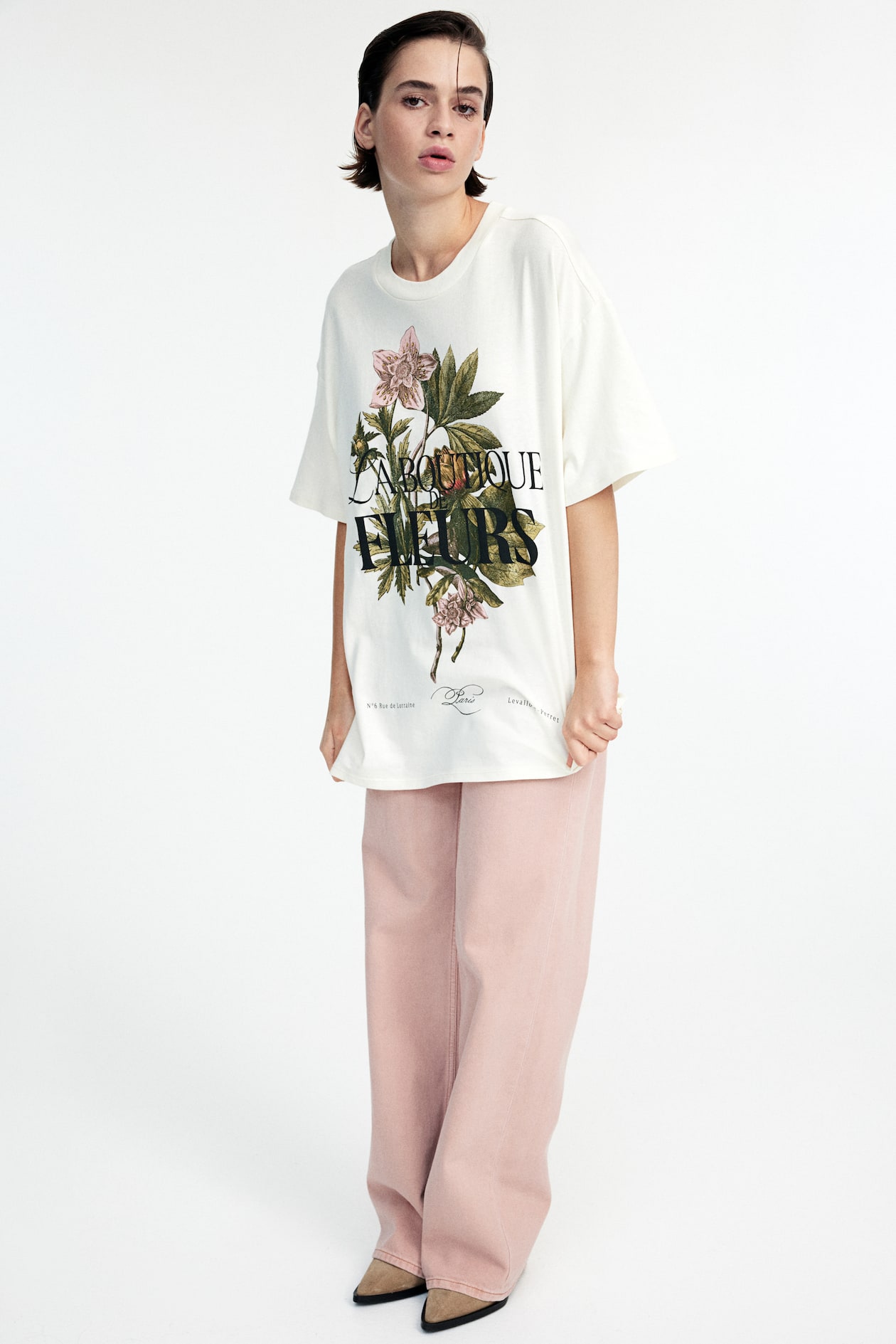 Oversized T-shirt met motief - Roomwit/Fleurs - DAMES | H&M BE