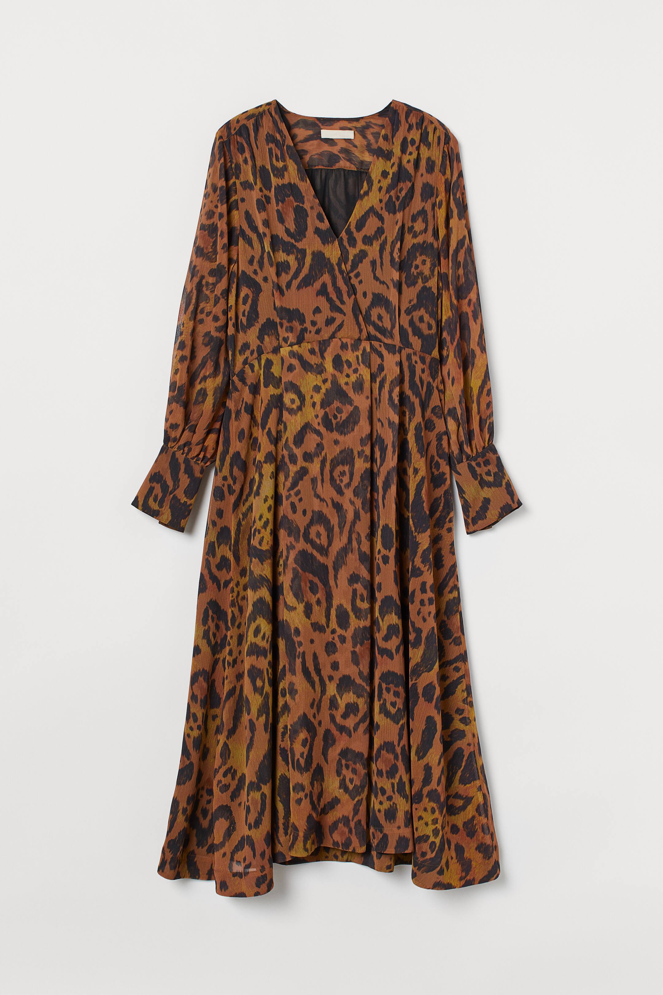 Wadenlanges Kleid - Tiefer Ausschnitt - Langarm - Braun/Leopardenmuster - Ladies | H&M DE