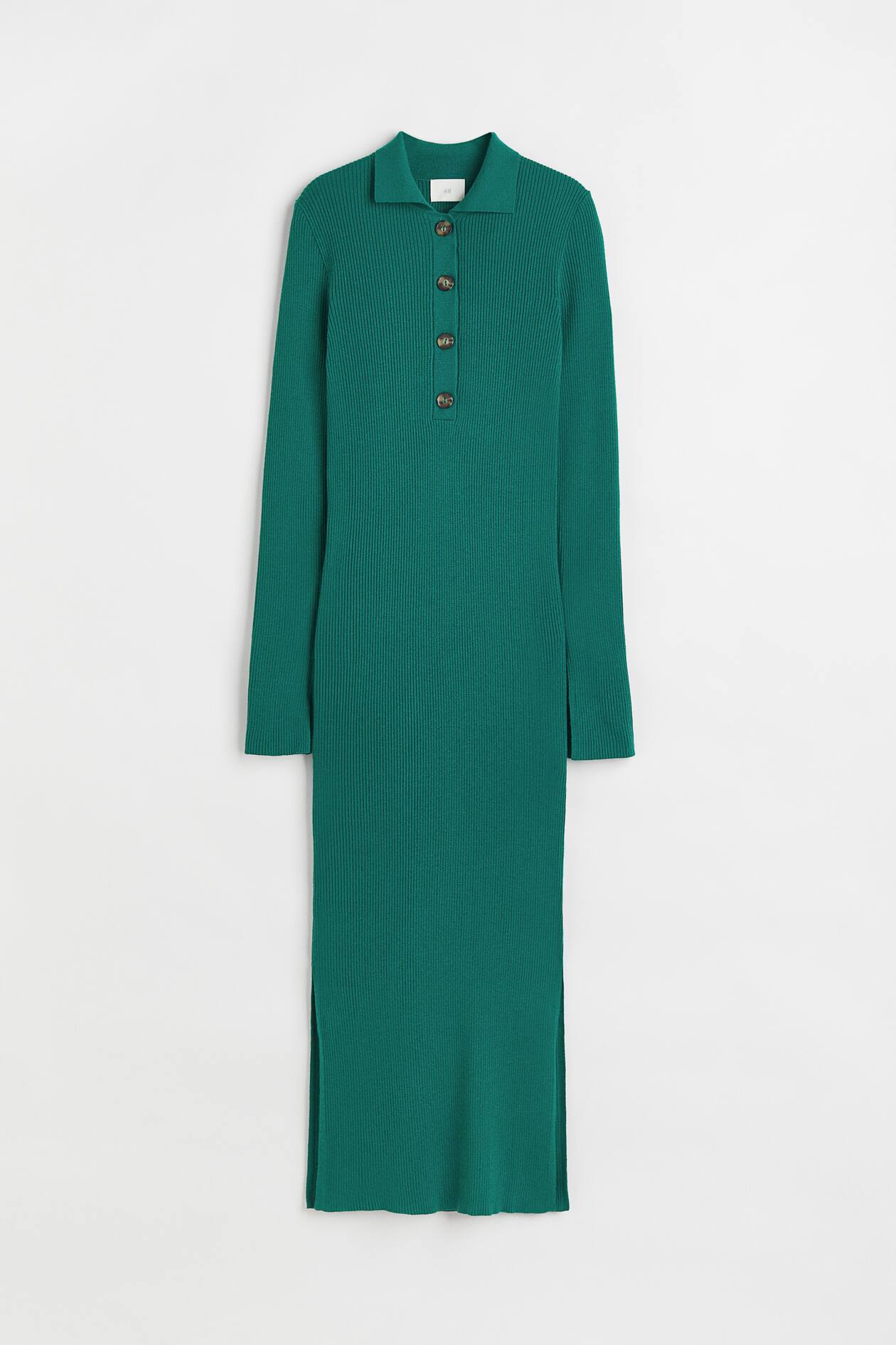 Vestido en punto de canalé con cuello - Verde oscuro - MUJER | H&M ES