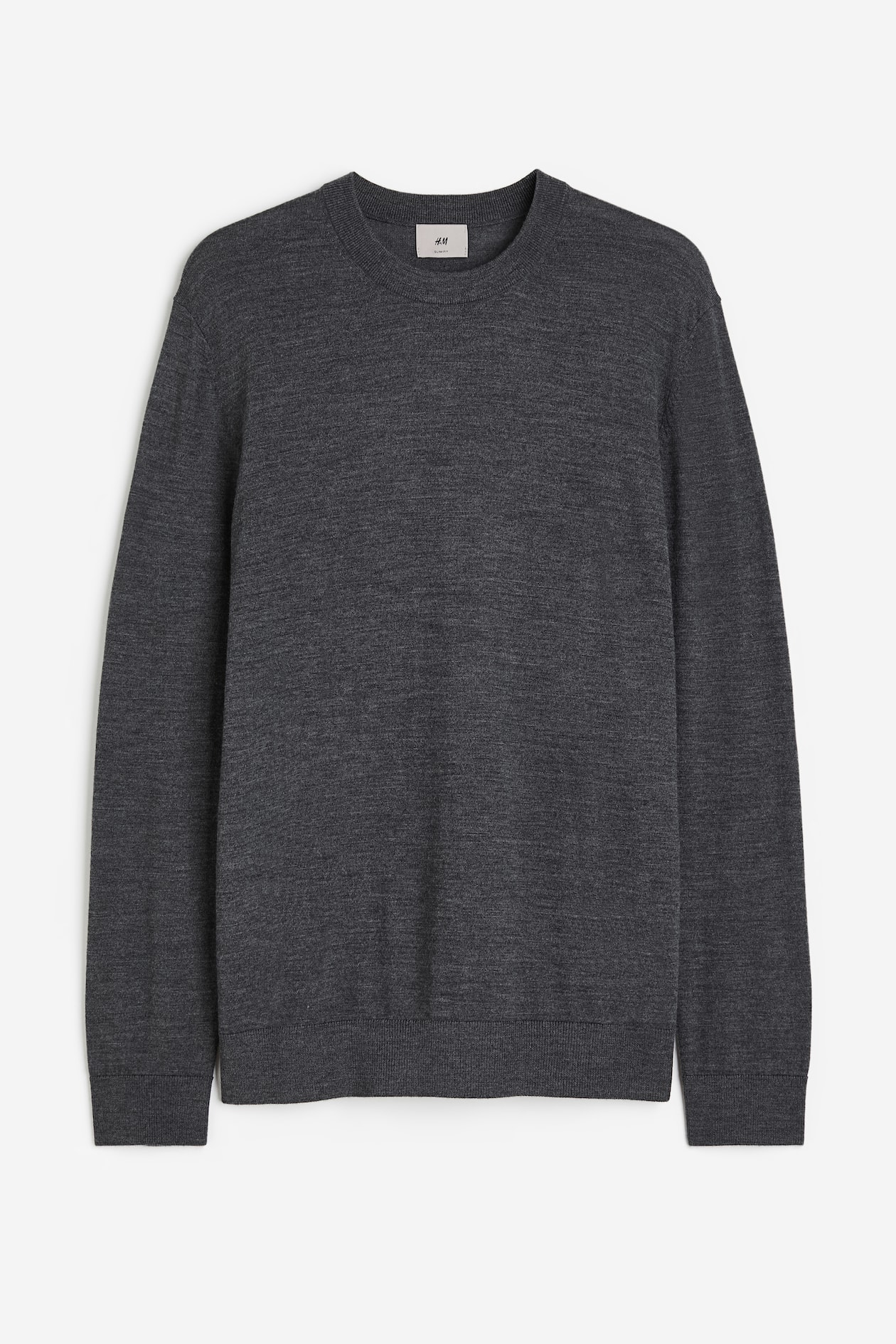 Slim Fit Merino Wool Sweater - Round Neck - Long sleeve - Dark gray ...