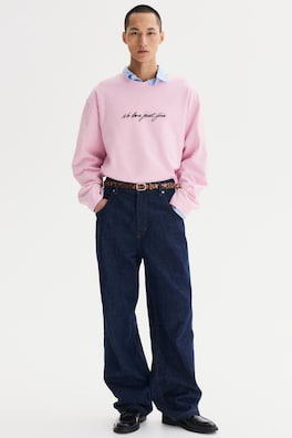 Loose Fit Long-sleeved T-shirt - Pink/No Love Just Fire - Men | H&M