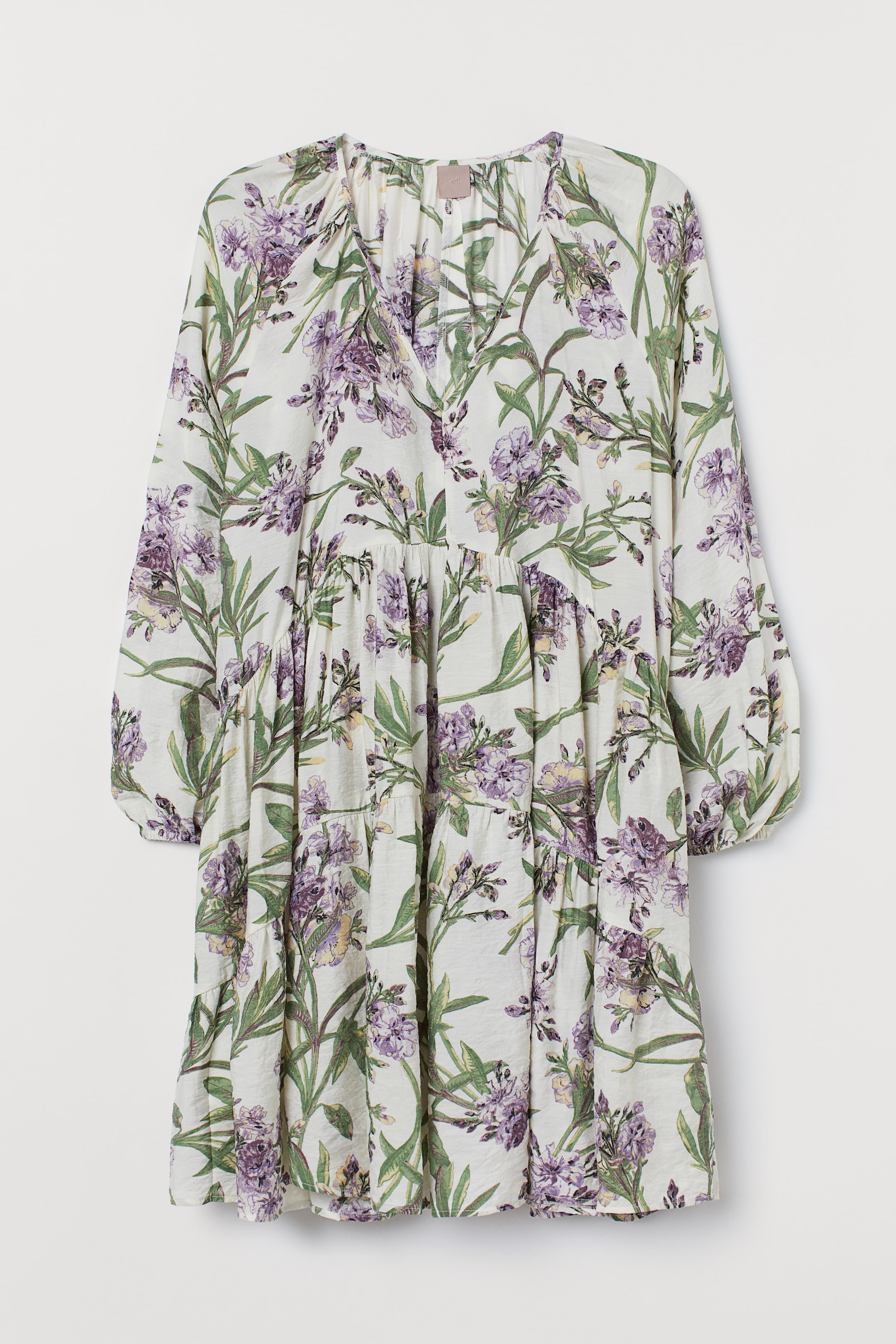 H&M+ A-lineskåret kjole - V-ringning - Langt erme - Hvit/Store blomster ...