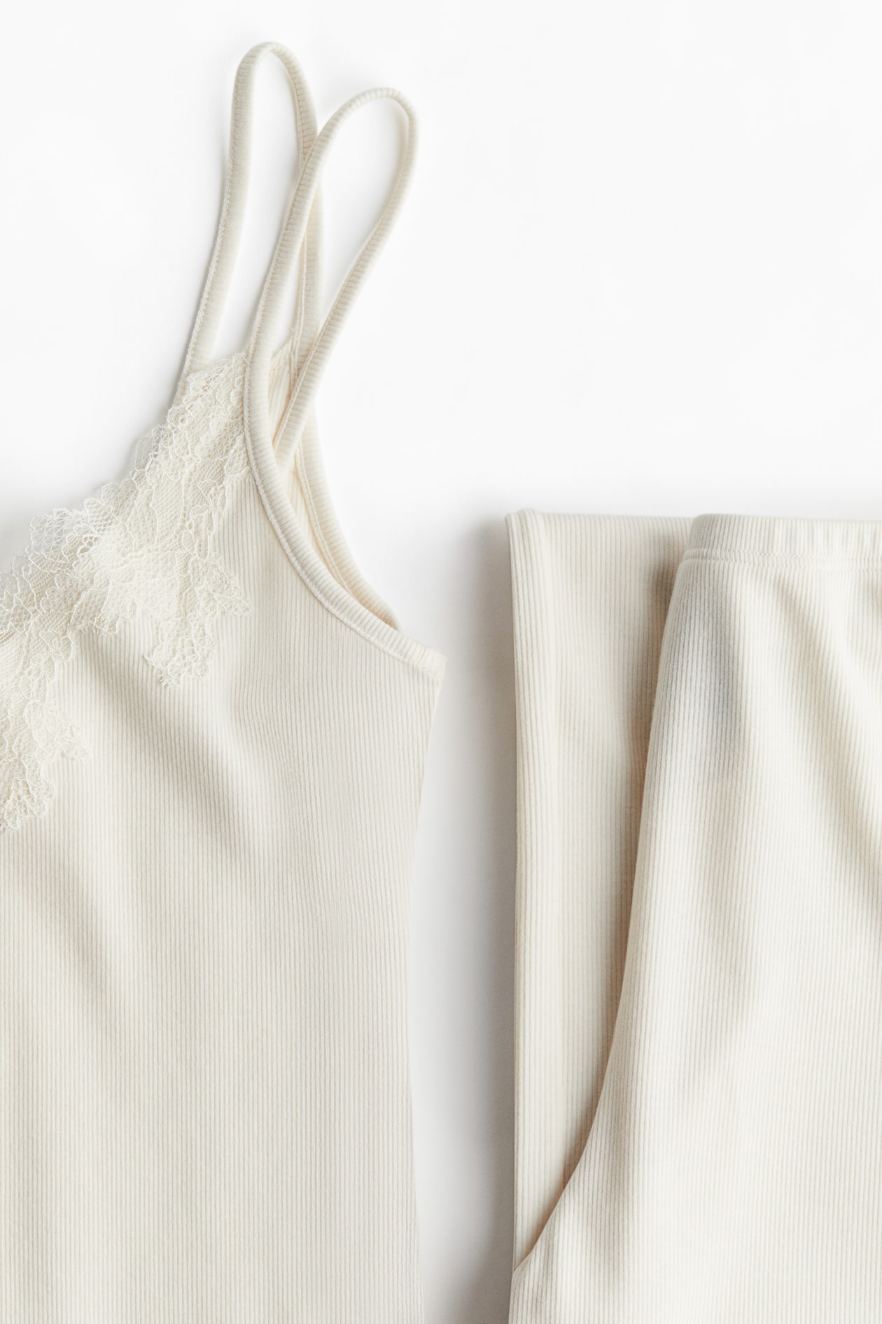 Lace-trimmed ribbed pyjamas - Cream - Ladies | H&M IN