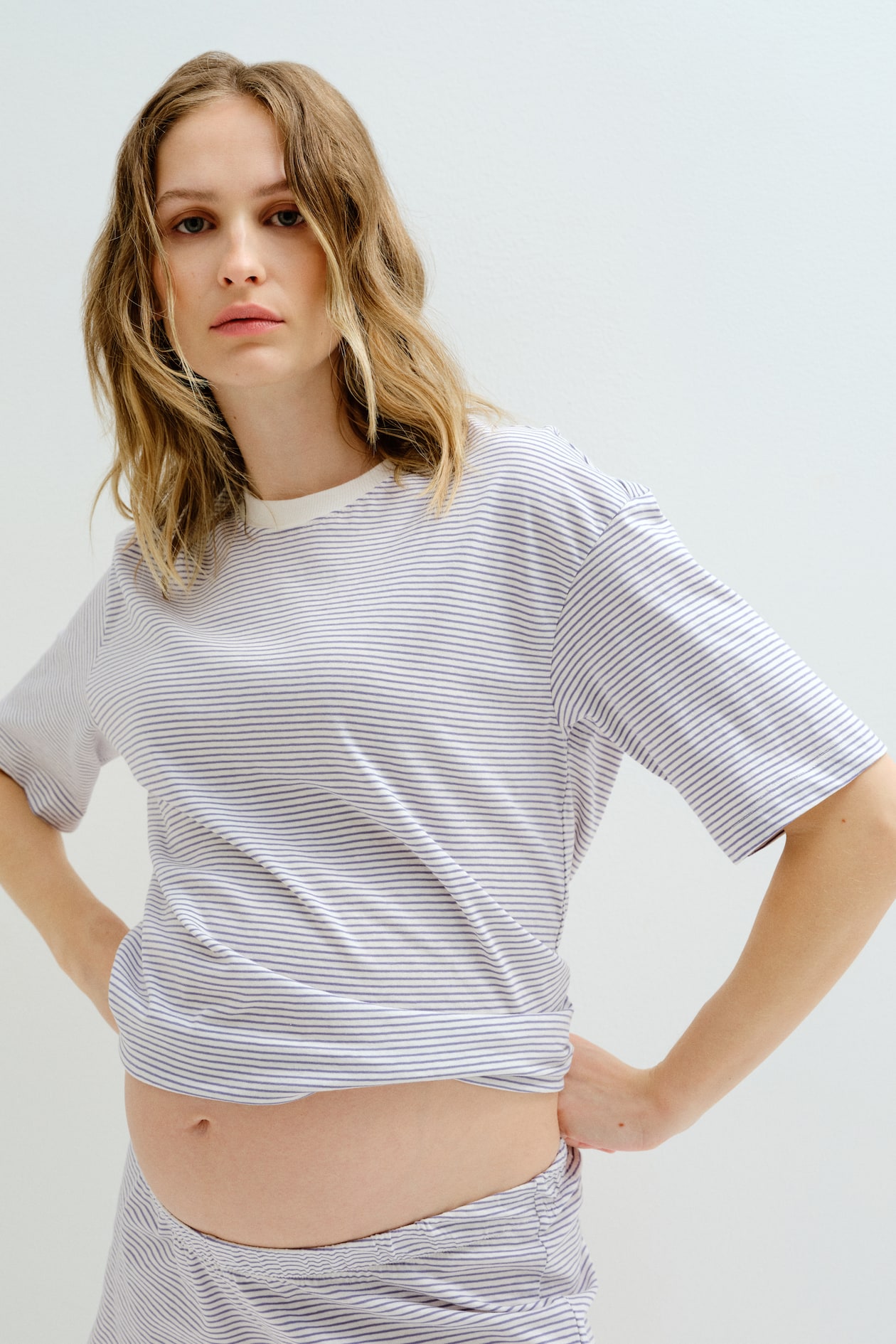 Women's White/Blue striped MAMA Before & After Cotton pyjamas | H&M IN