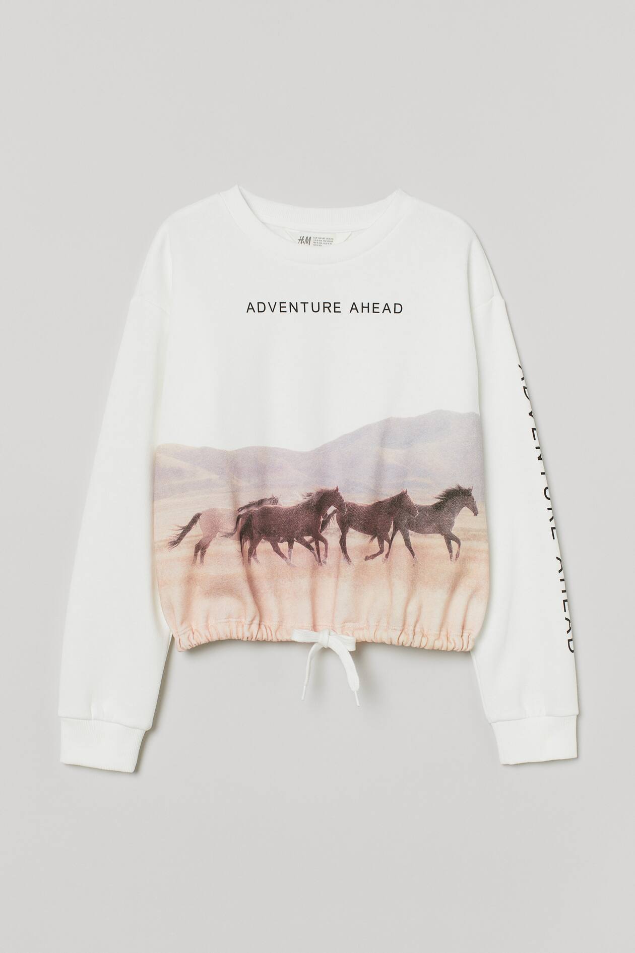 Drawstring-hem Sweatshirt - Round Neck - Long sleeve - Natural white ...