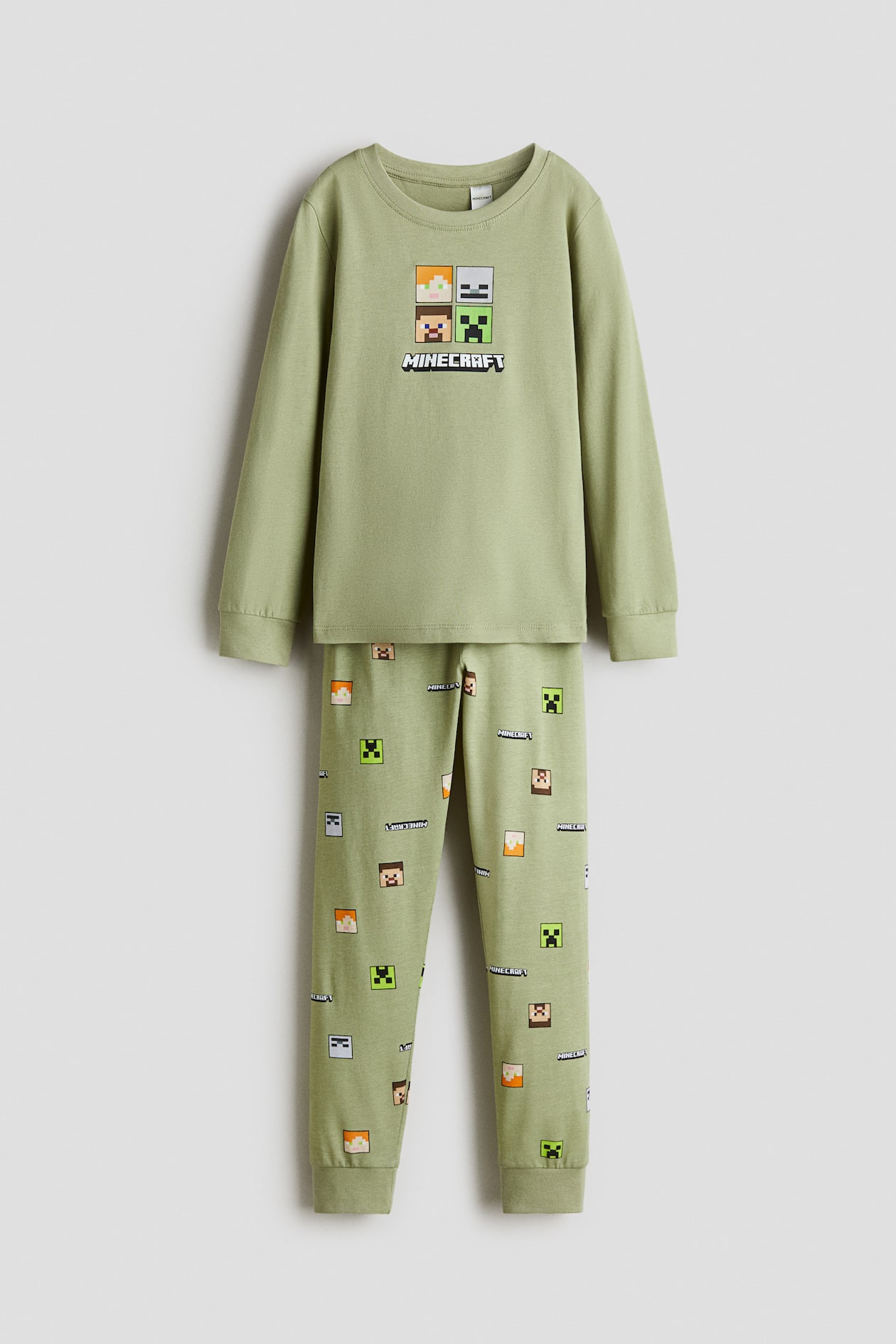 Pyjamas i bomullstrikå med tryck - Dimgrön/Minecraft - BARN | H&M SE