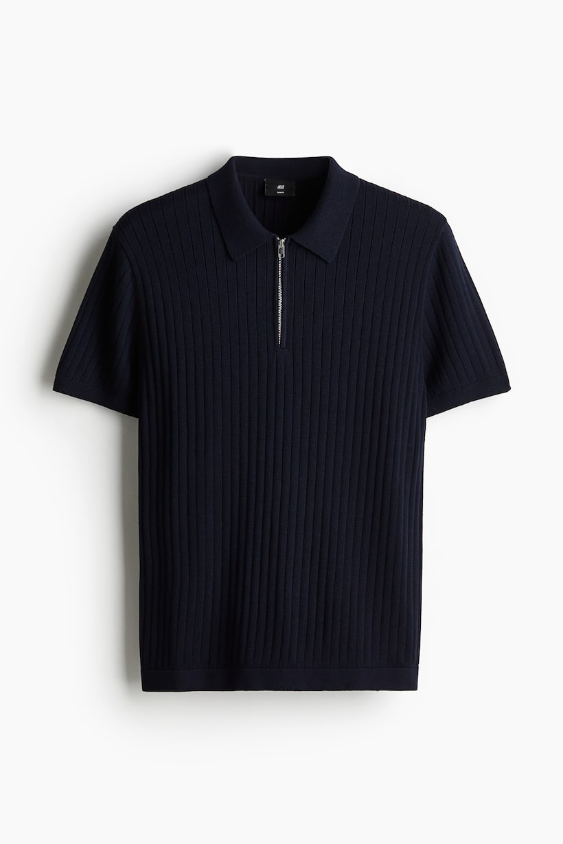 Slim-Fit Rib-Knit Polo Shirt - Navy blue - Men | H&M US