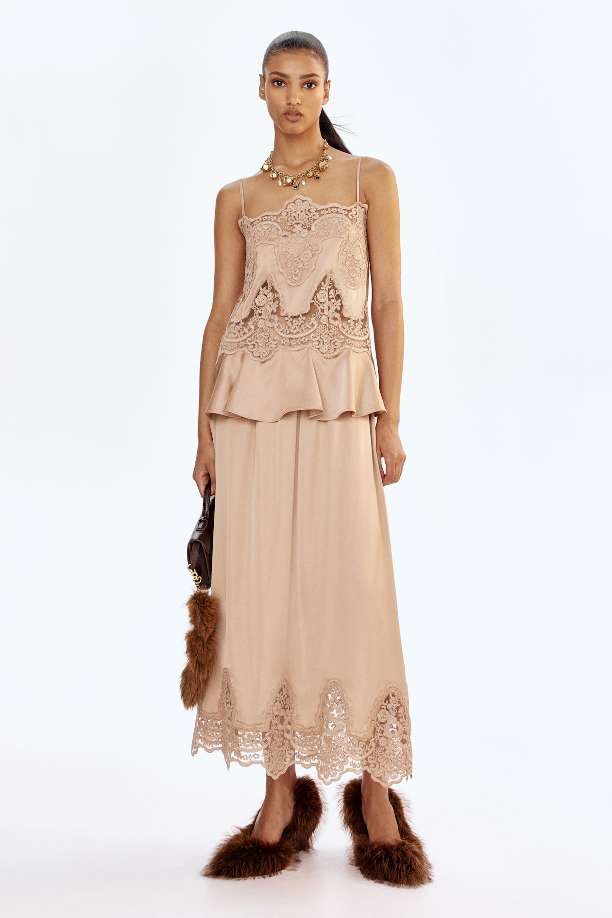 Top de alças em cetim com renda - Bege - SENHORA | H&M PT