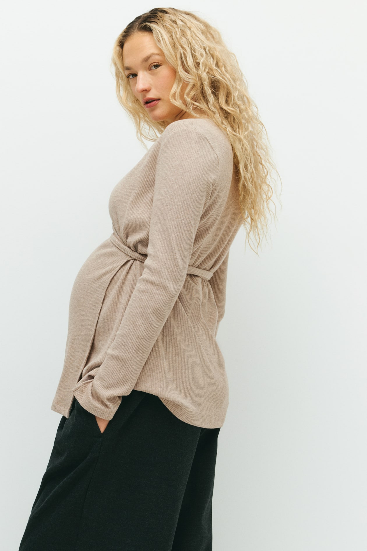 Women's Beige melange MAMA Ribbed Wrapover Top | H&M US