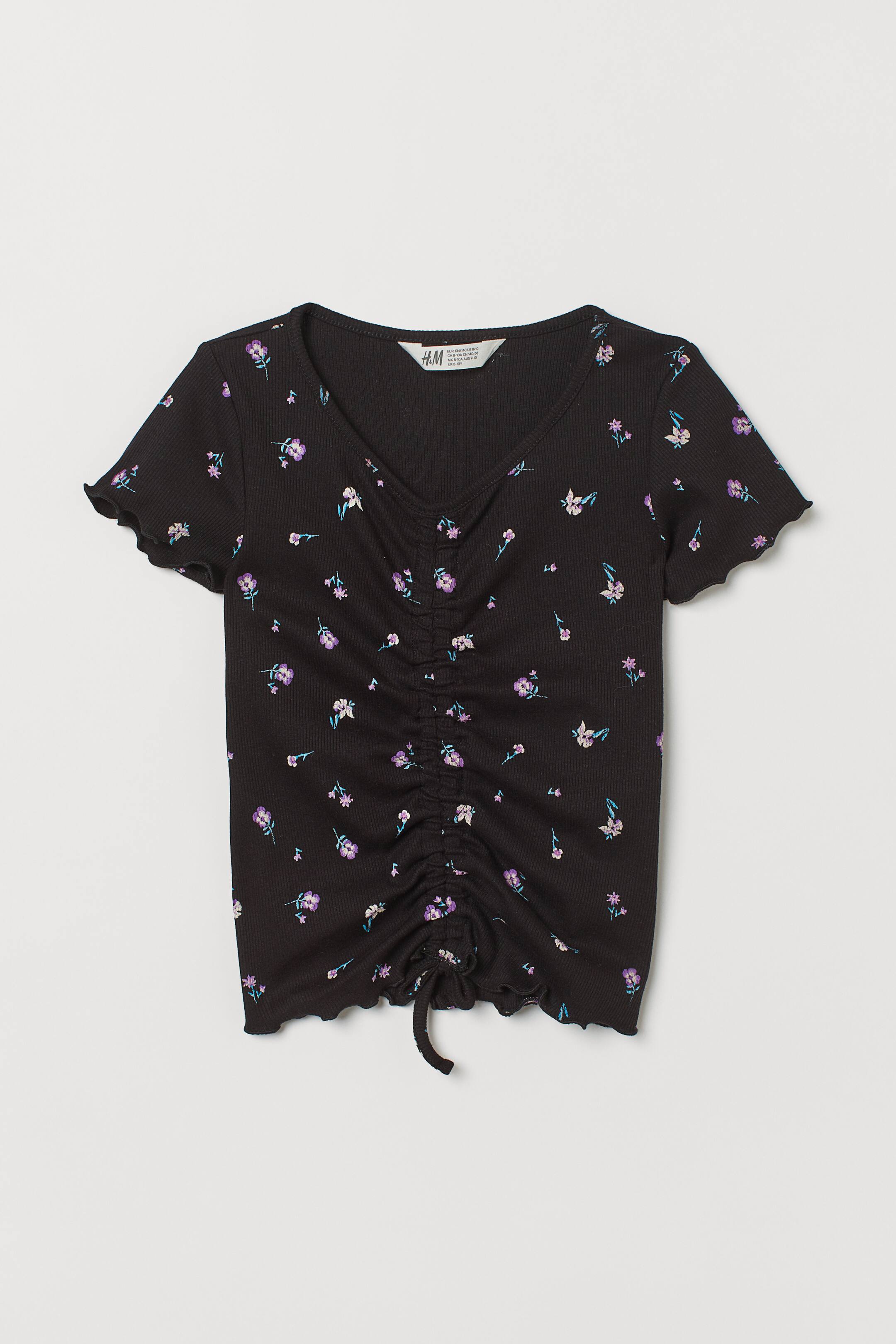 Ribbed Drawstring Top - Black/floral - Kids | H&M CA