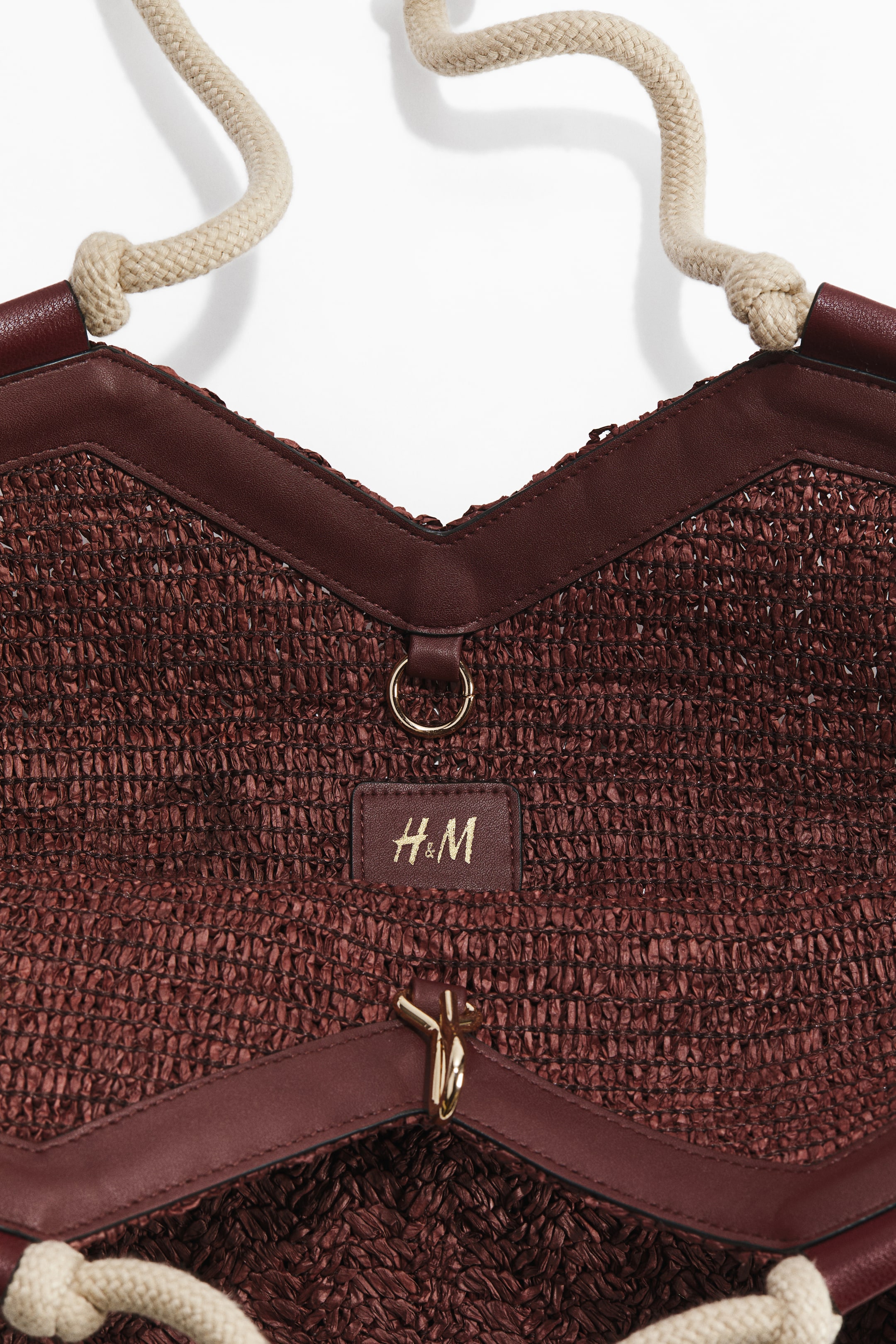 Women's Burgundy Cord-detail straw tote bag | H&M IN