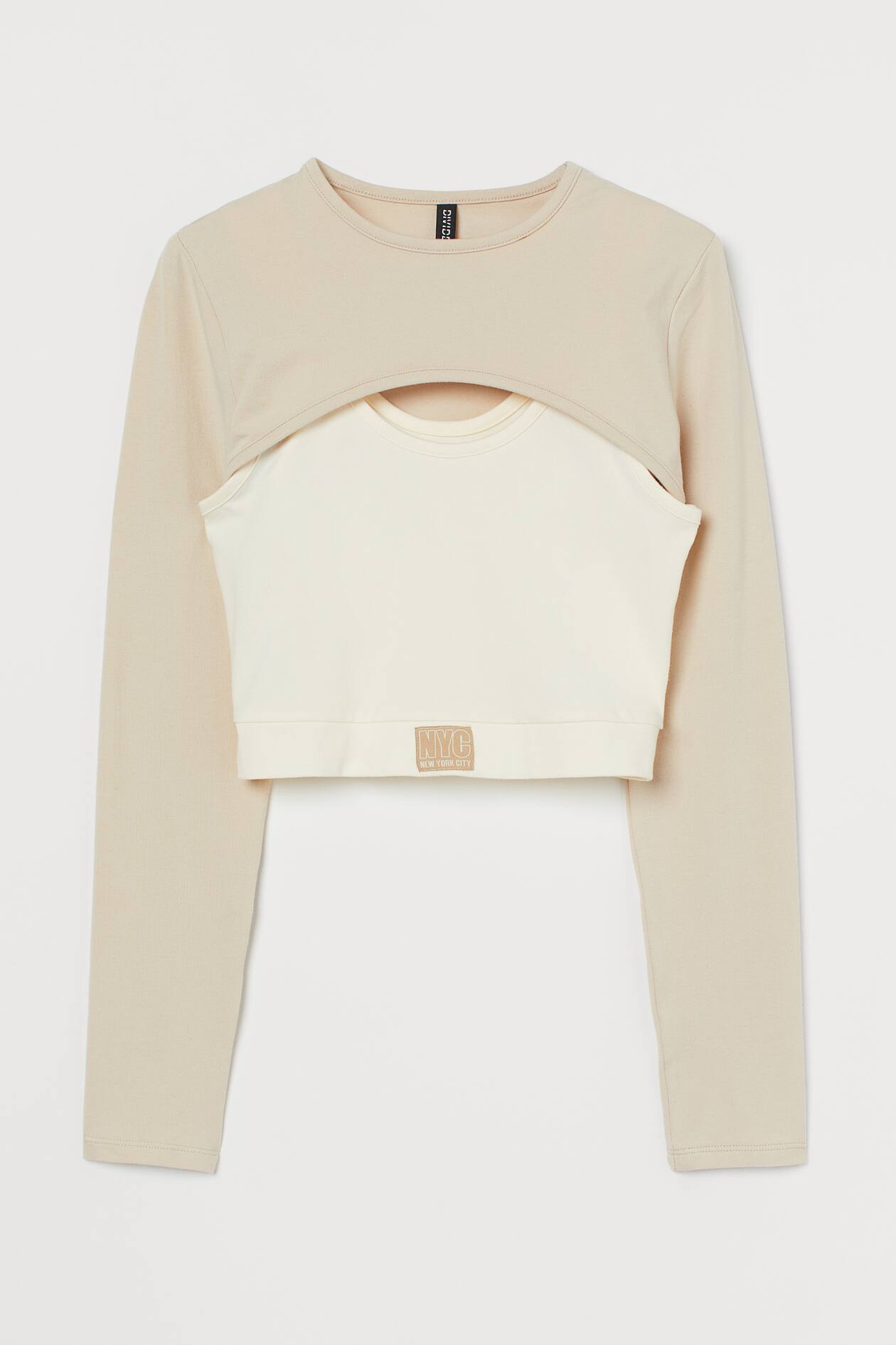 Two-part crop top - Round neck - Long sleeve - Beige - Ladies | H&M GB