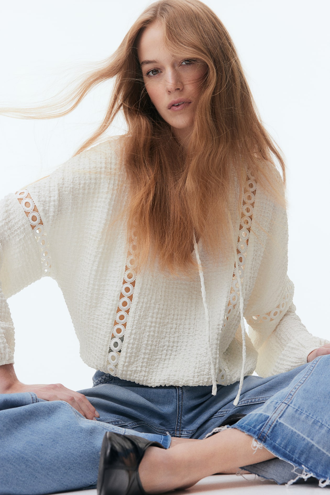 Lace-Inset Crinkled Blouse - Cream - Ladies | H&M US