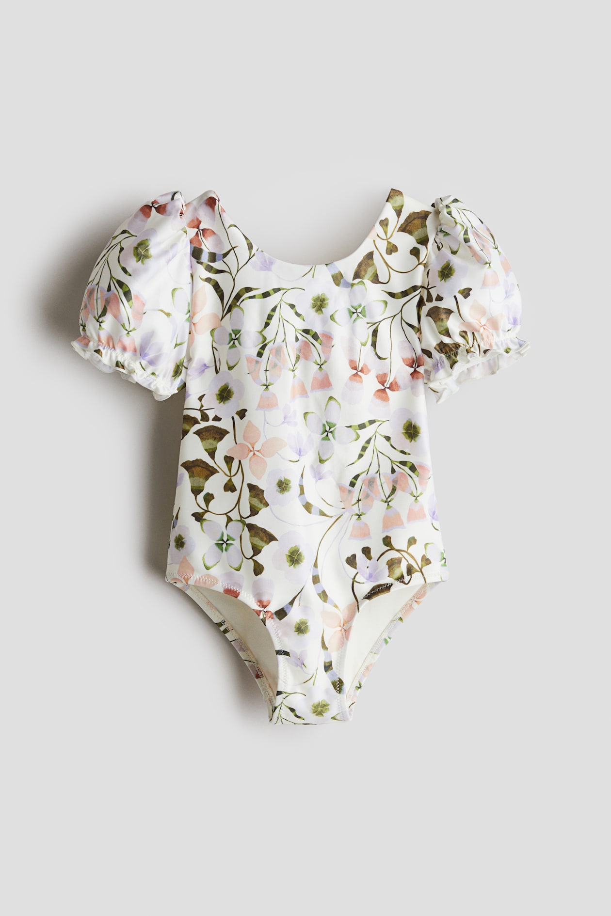 Cream/floral Puff-Sleeved Swimsuit for kids | H&M US