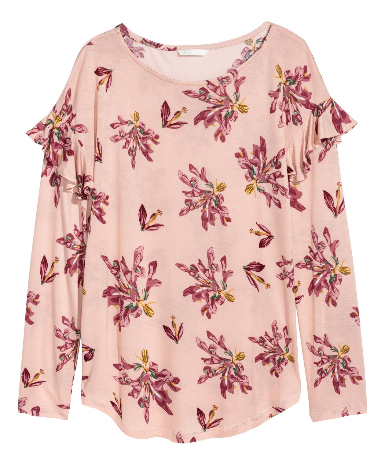Long-sleeved flounced top - Powder pink/Floral - Ladies | H&M GB