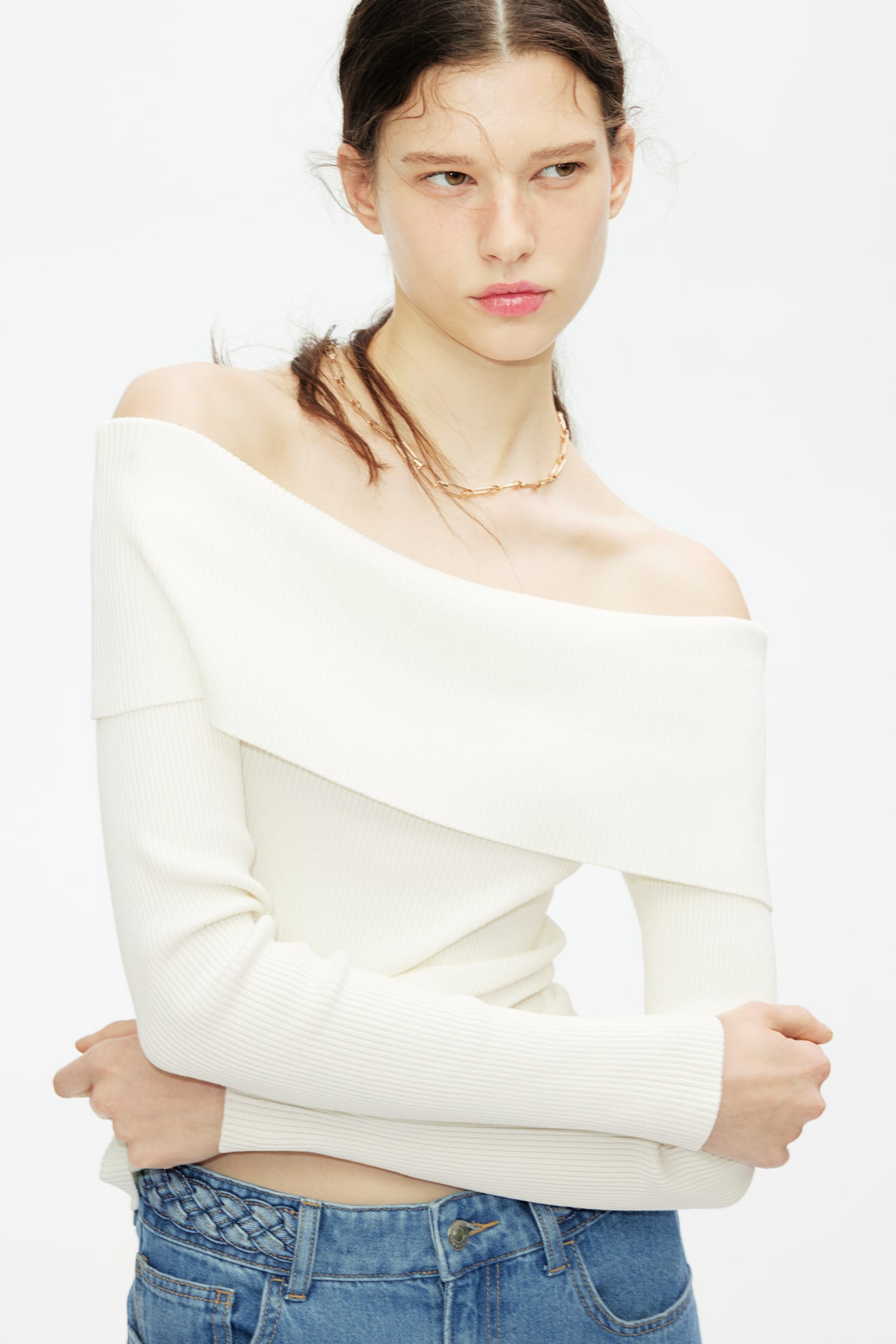 Rib-knit Off-the-shoulder Top - White - Ladies | H&M US