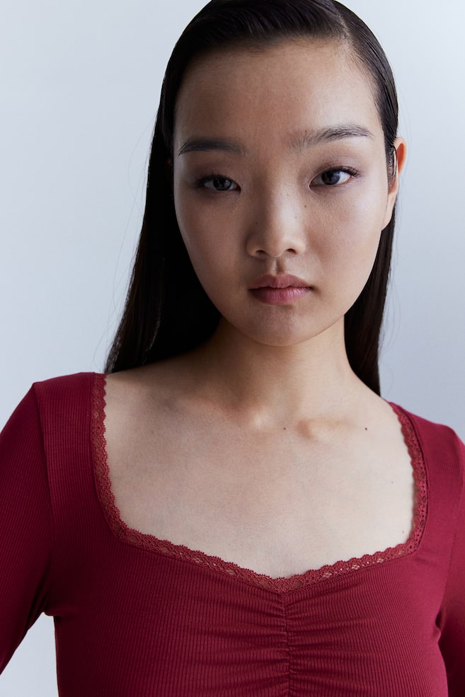 Lace-Trimmed Ribbed Top - Dark red - Ladies | H&M US