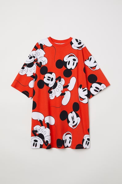 Wide-cut T-shirt Dress - Bright red/Mickey Mouse - Ladies | H&M US