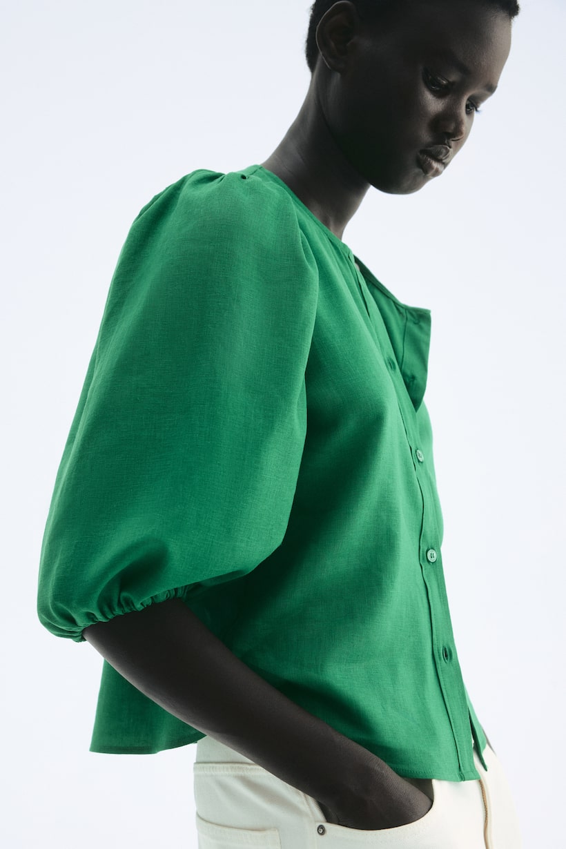 Linen-Blend Blouse - Green - Ladies | H&M US