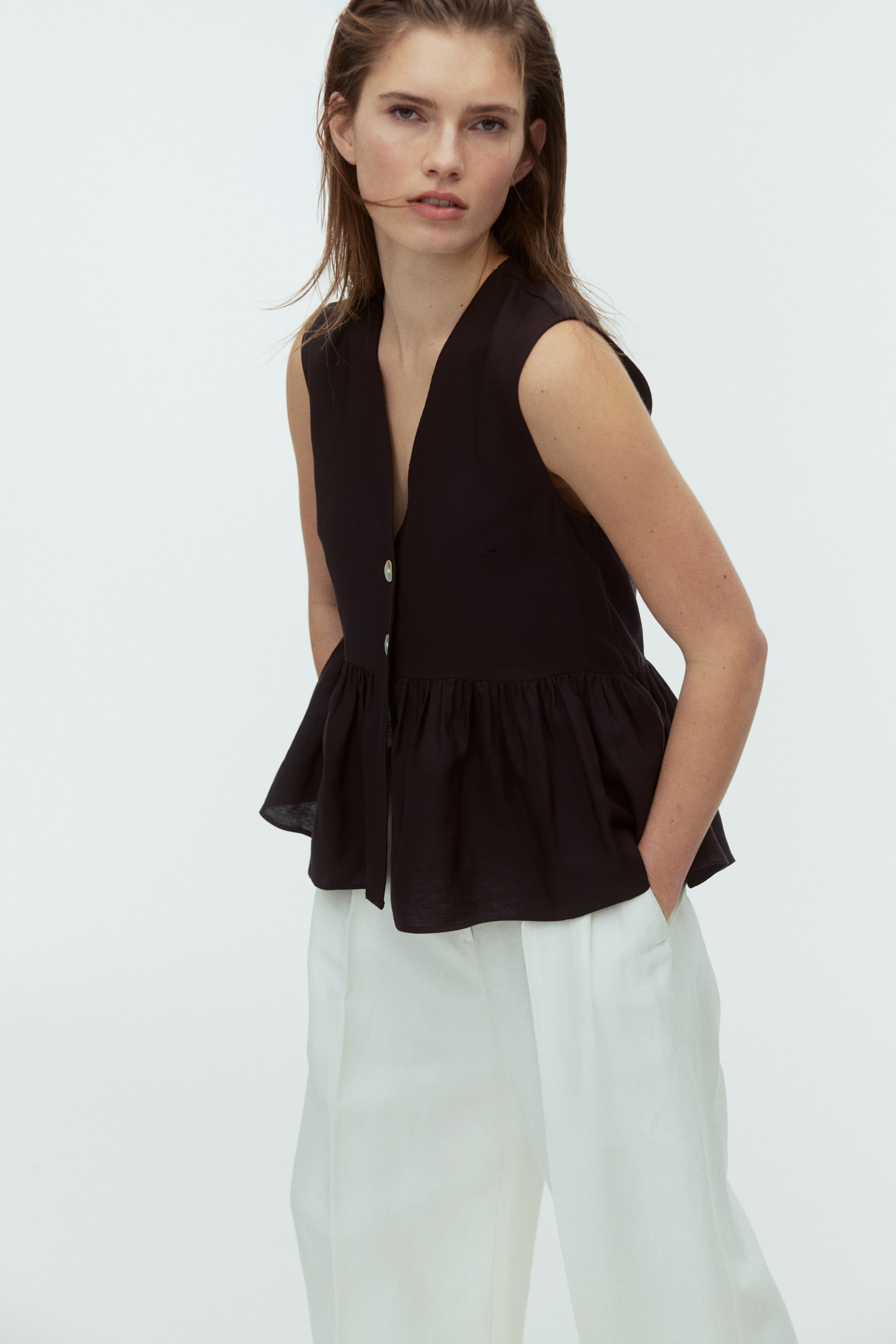 Linen-Blend Peplum Top - Dark brown - Ladies | H&M US