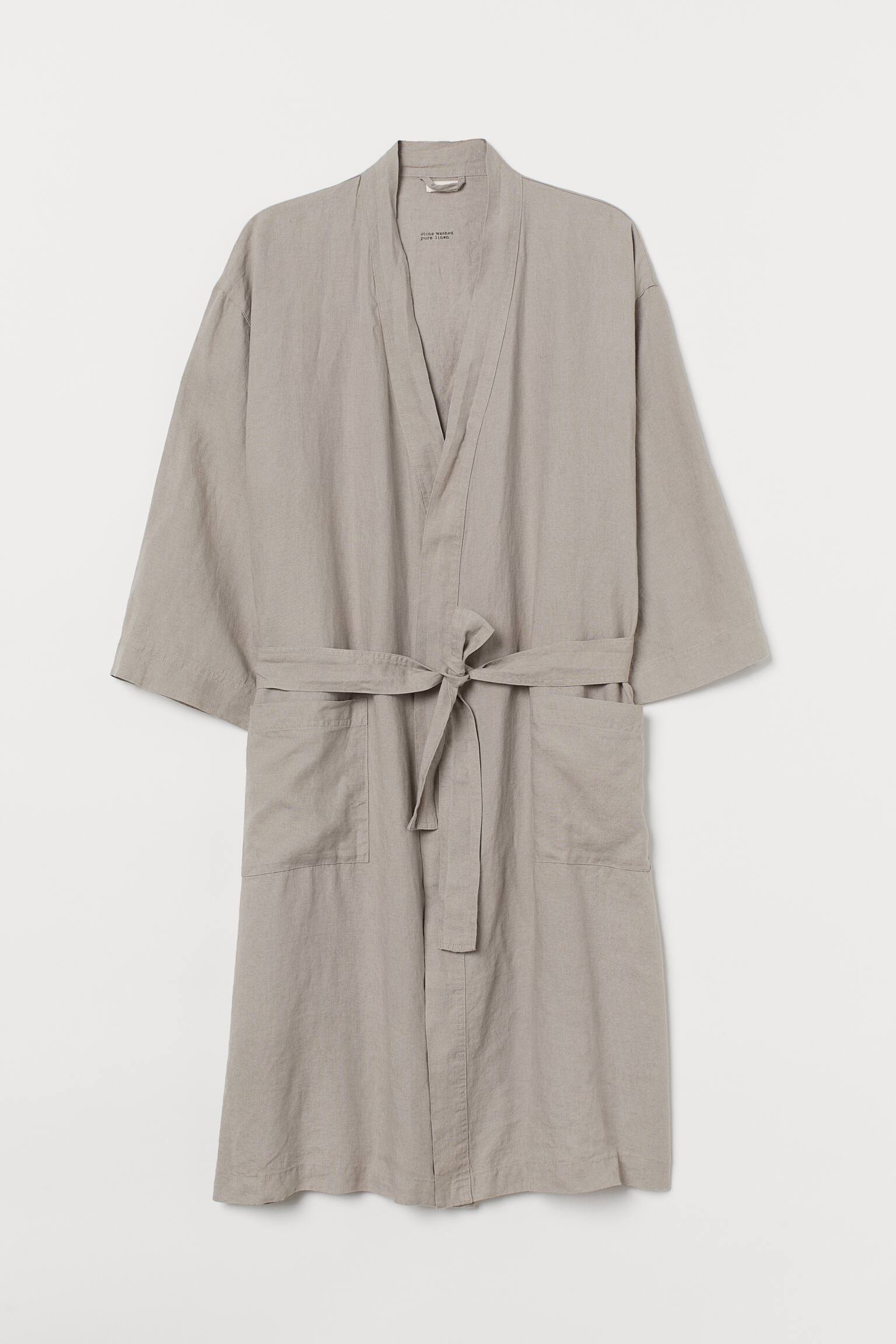 Washed linen dressing gown - Long sleeve - Knee length - Greige - Home ...