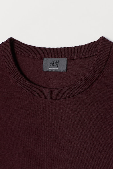 Merino Wool Sweater - Round Neck - Long sleeve - Burgundy - Men | H&M US