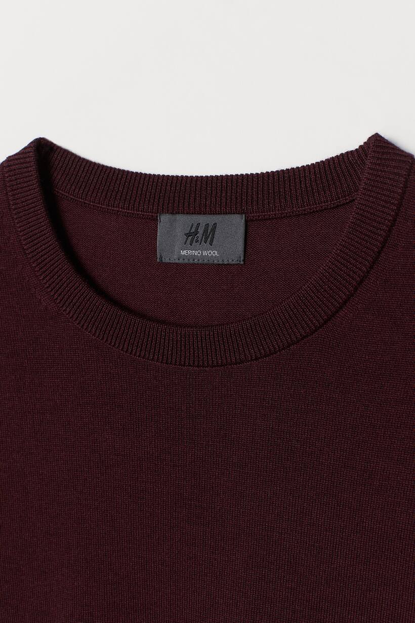 Merino Wool Sweater - Round Neck - Long sleeve - Burgundy - Men | H&M US
