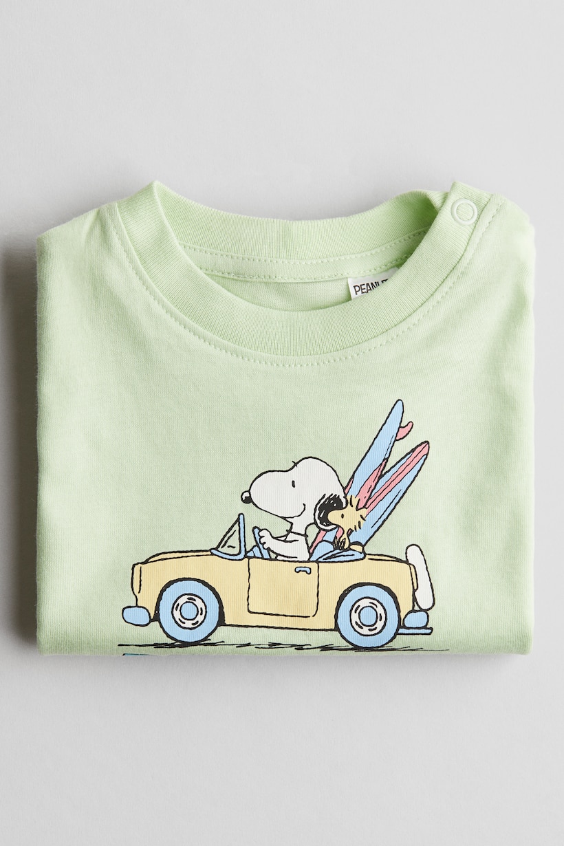 Cotton T-Shirt with Printed Motif - Light green/Snoopy - Kids | H&M US